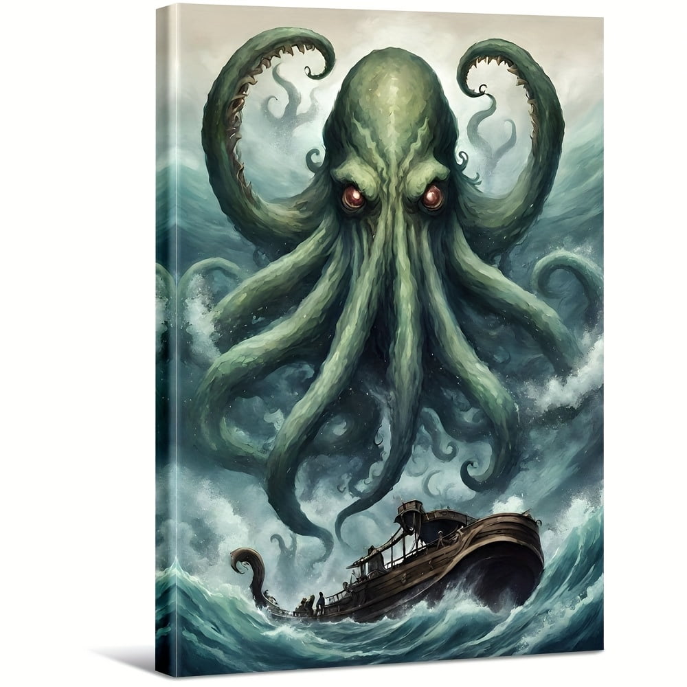 Giant Octopus Attacks Ship Sea Monster Art Large Wooden Framed Wall Art ...