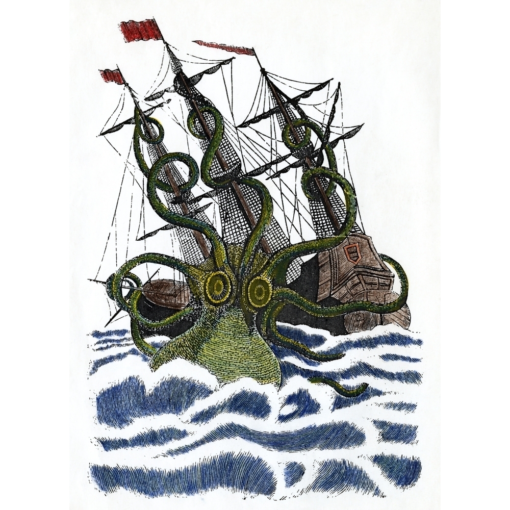 Giant Octopus. Na Giant Octopus Attacking A Vessel. Line Engraving ...