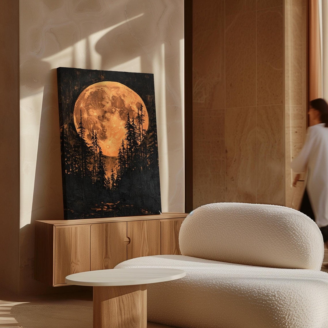 Giant Orange Moon Over Forest Art - Mystical Night Scene With ...