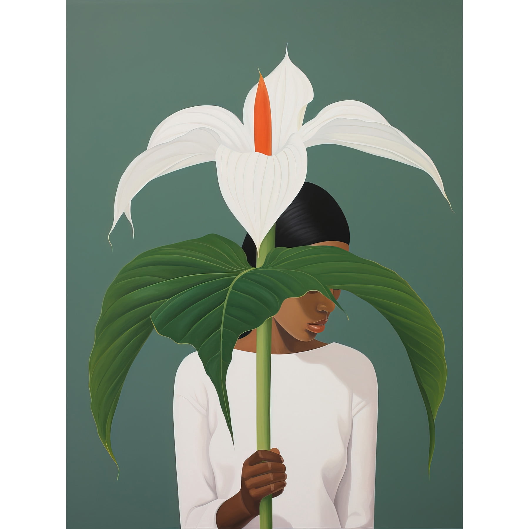Giant Peace Lily Showcase Realistic Oil Painting White Teal Green Woman ...