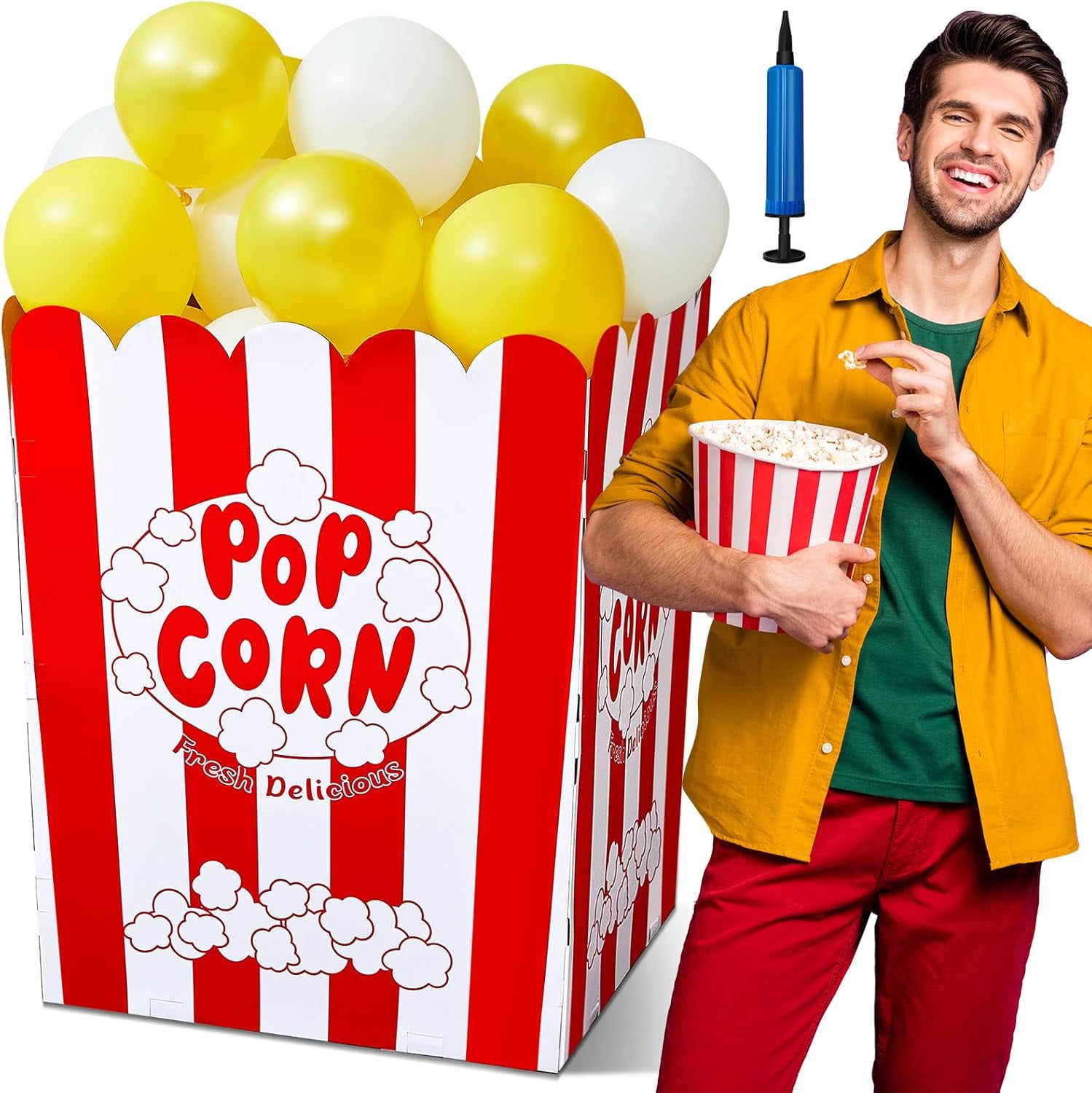 Giant Popcorn Box with Balloons and Pump, Large Cardboard Display Stand - Popcorn Prop ...