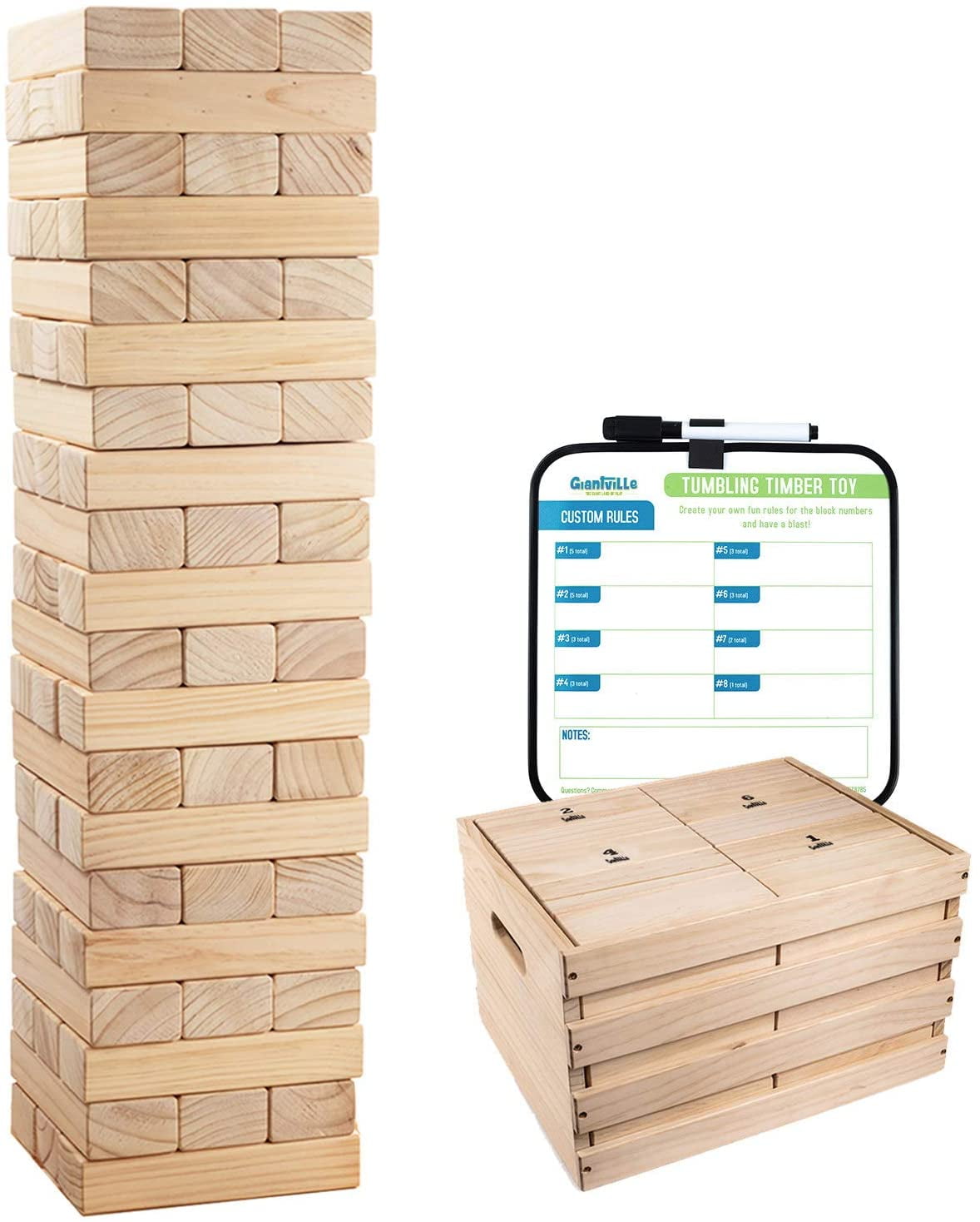 Giantville Jenga Game - 60 Wooden Blocks, Adults & Kids, w/ Crate, Over ...