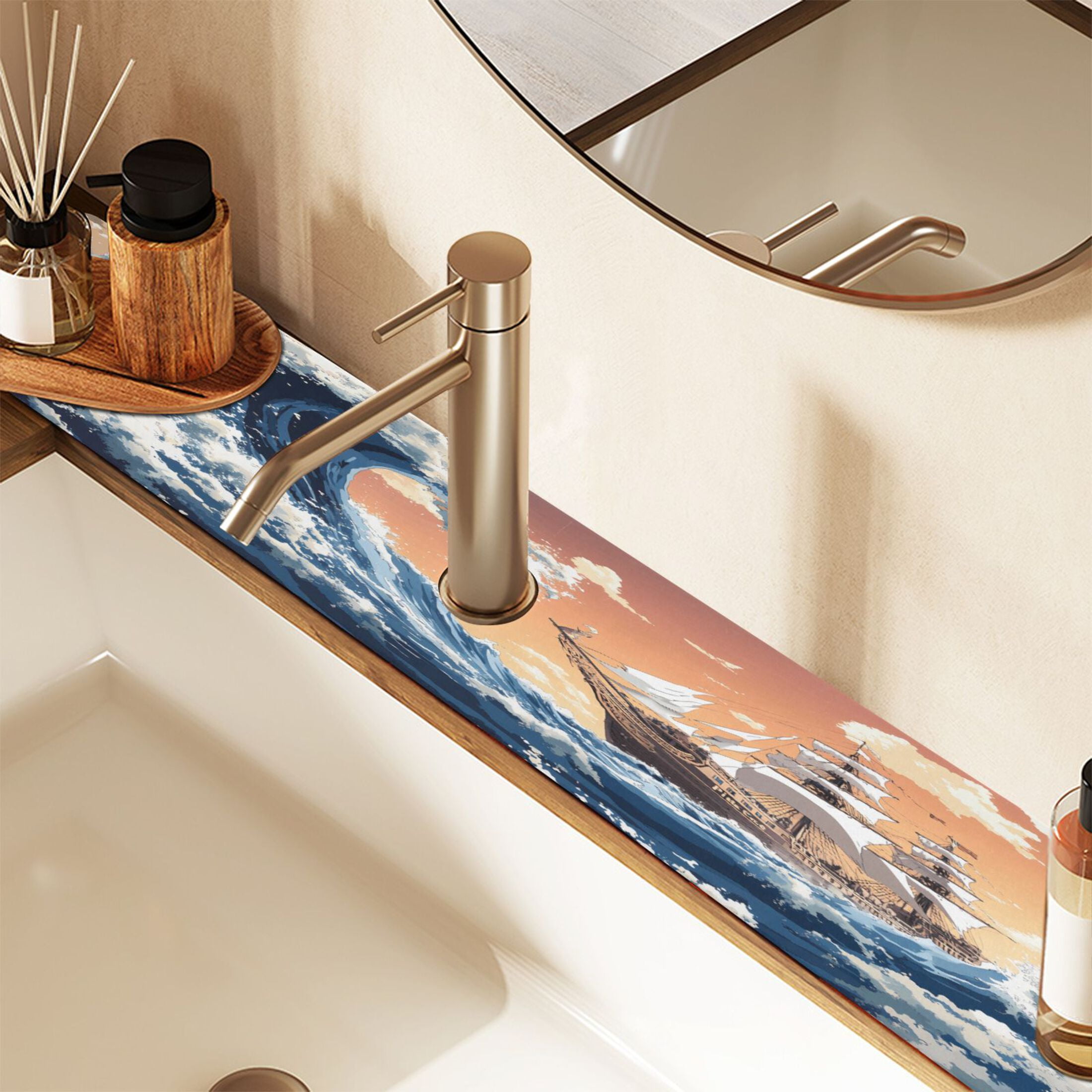 Giant Waves and Pirate Ship Faucet Mat for Kitchen Sink 30'' Sink ...
