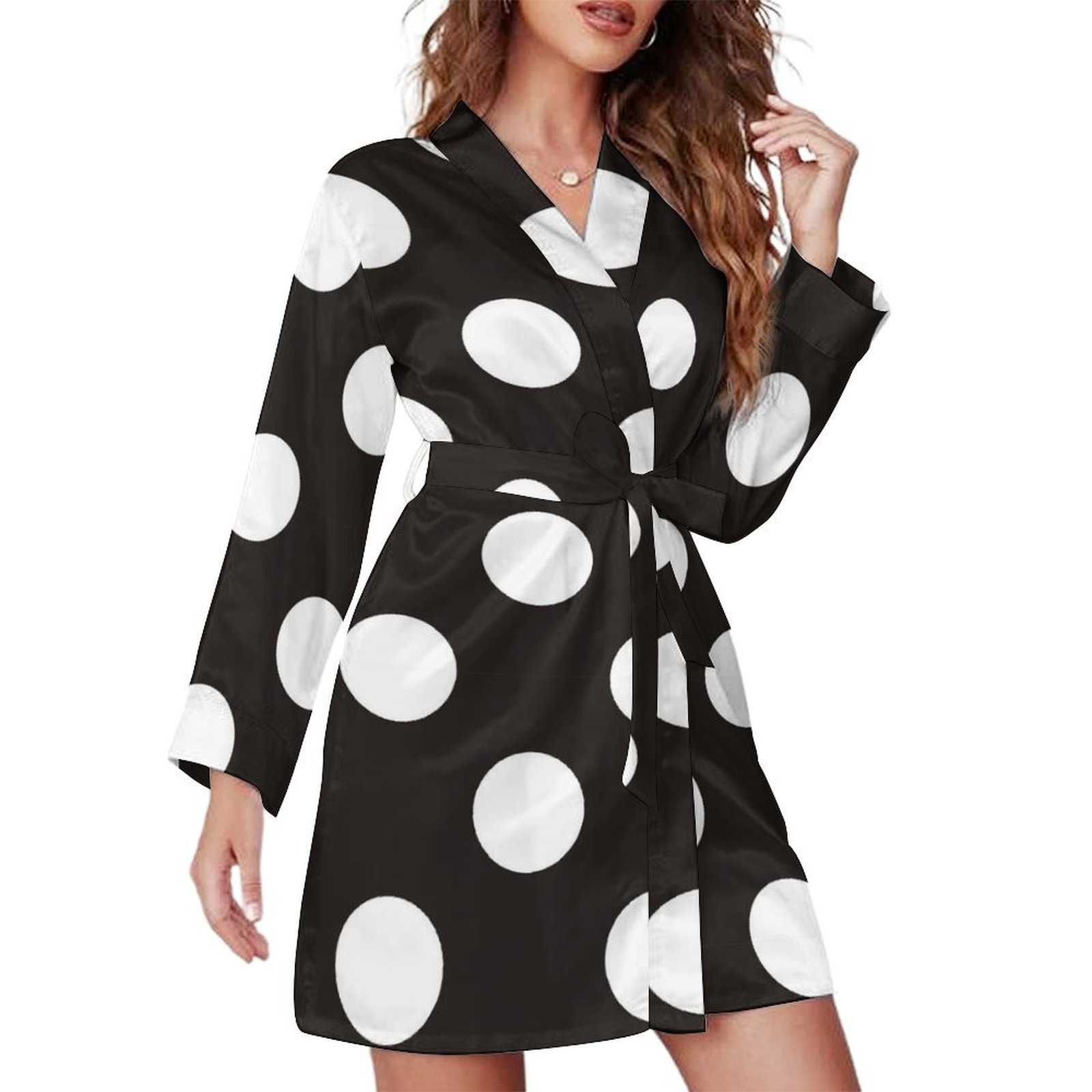Giant White And Dark Grey Polka Dot Pattern Night Robe Long Sleeve V ...