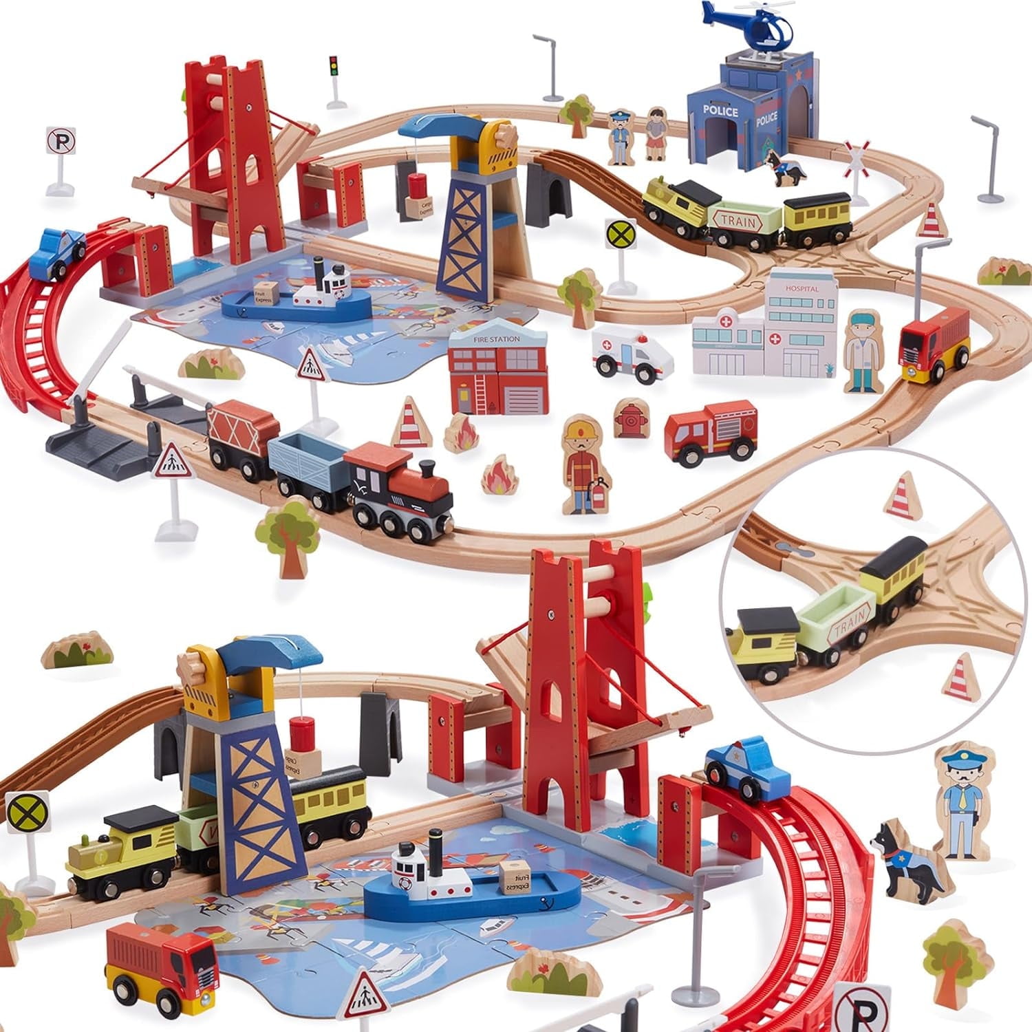 117Pcs Busy Port City Wooden Train Set for Kids Toddler Train Track Toy ...