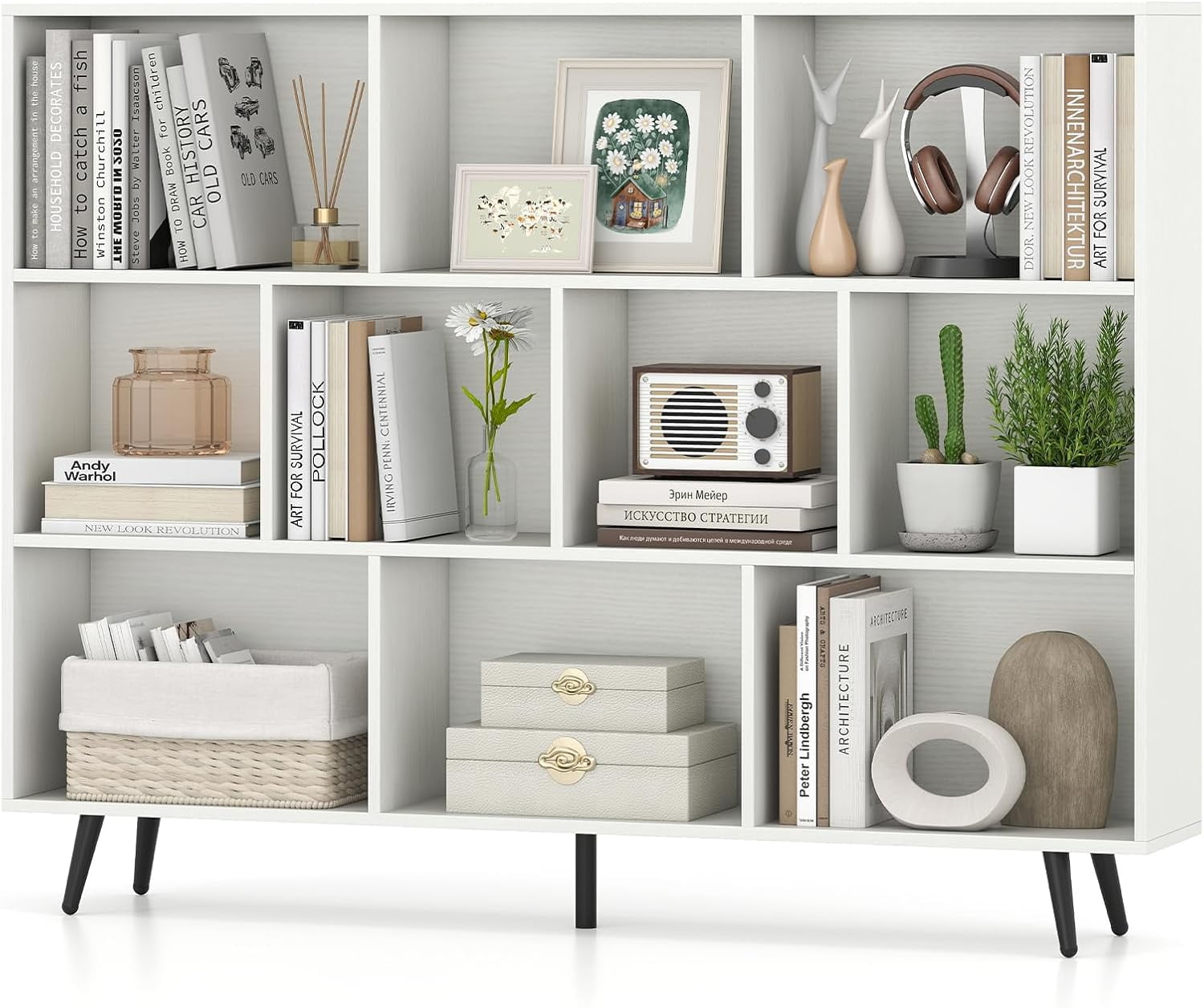 Giantex 10-Cube Bookcase, 3-Tier Modern Bookshelf with 5 Metal Legs, 55 ...