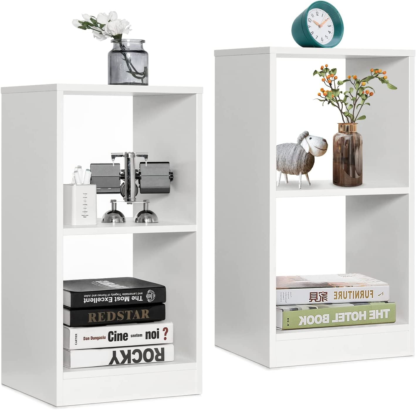 Giantex 2-PCs 2-Tier White Bookshelf, Narrow Wood Bookcase with Anti ...