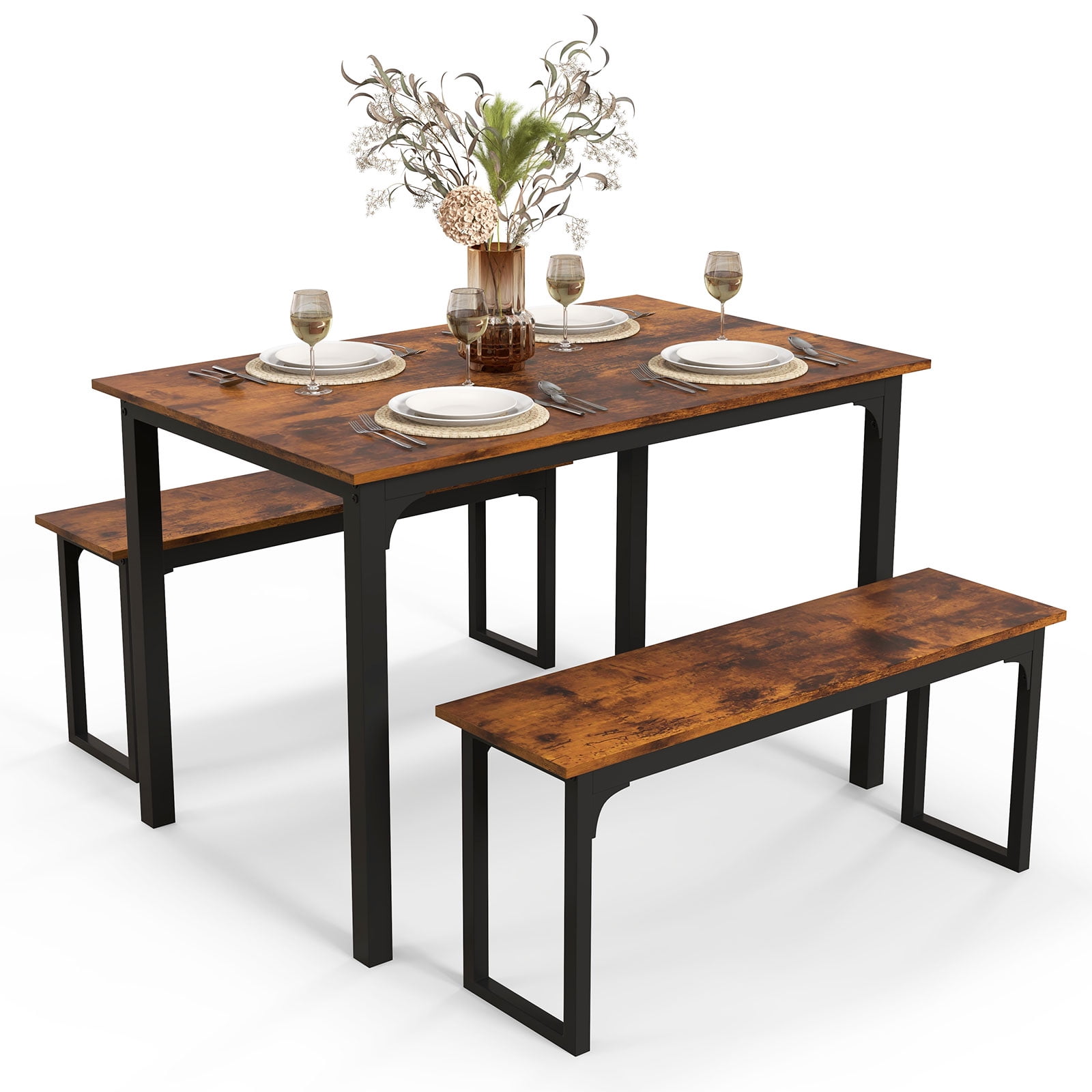Giantex 3-Piece Dining Table Set w/2 Benches, Wooden Kitchen Table Set ...