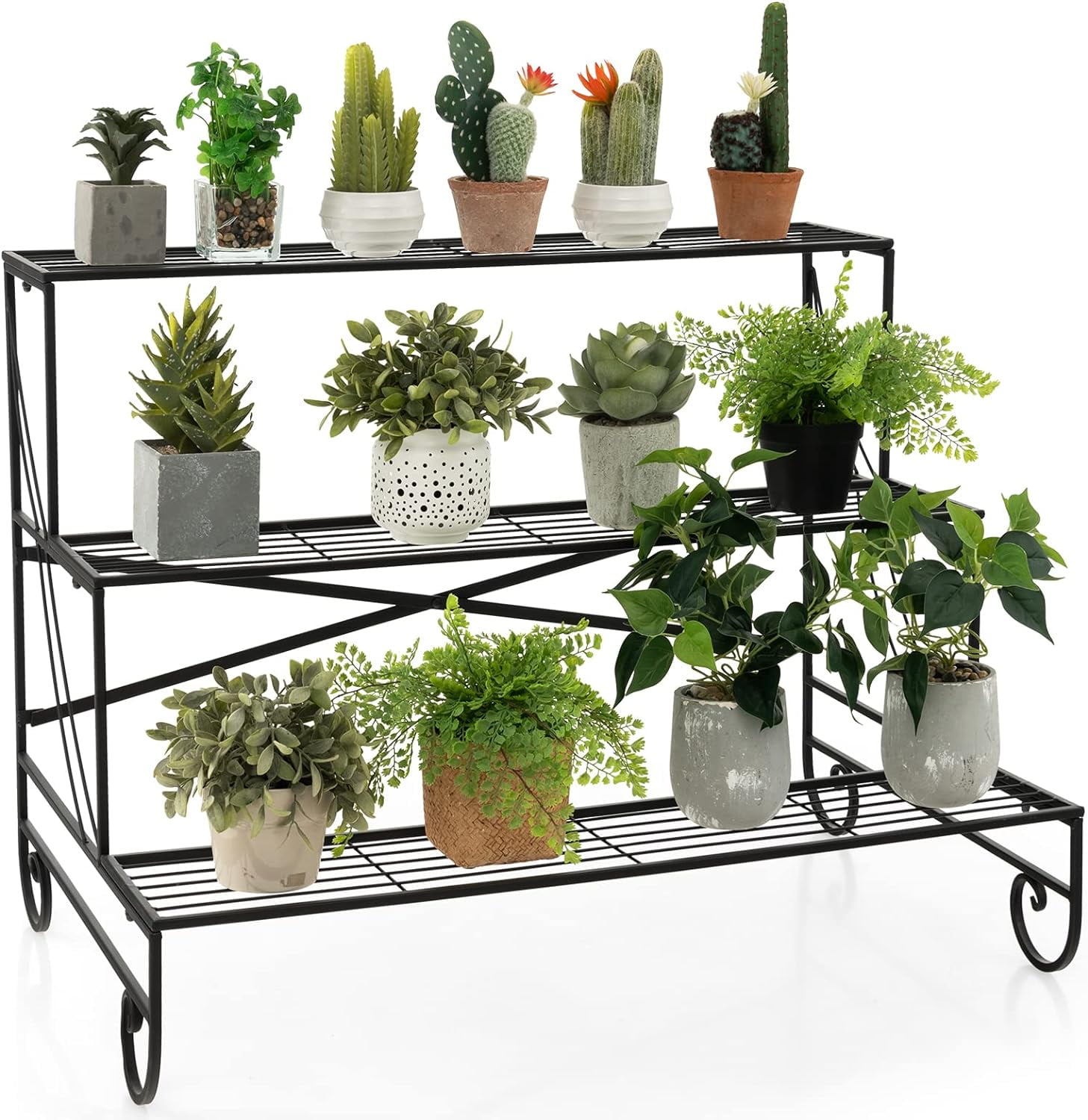 Giantex 3 Tier Metal Stand, Ladder Shaped Flower Pot Stand w/ Grid ...