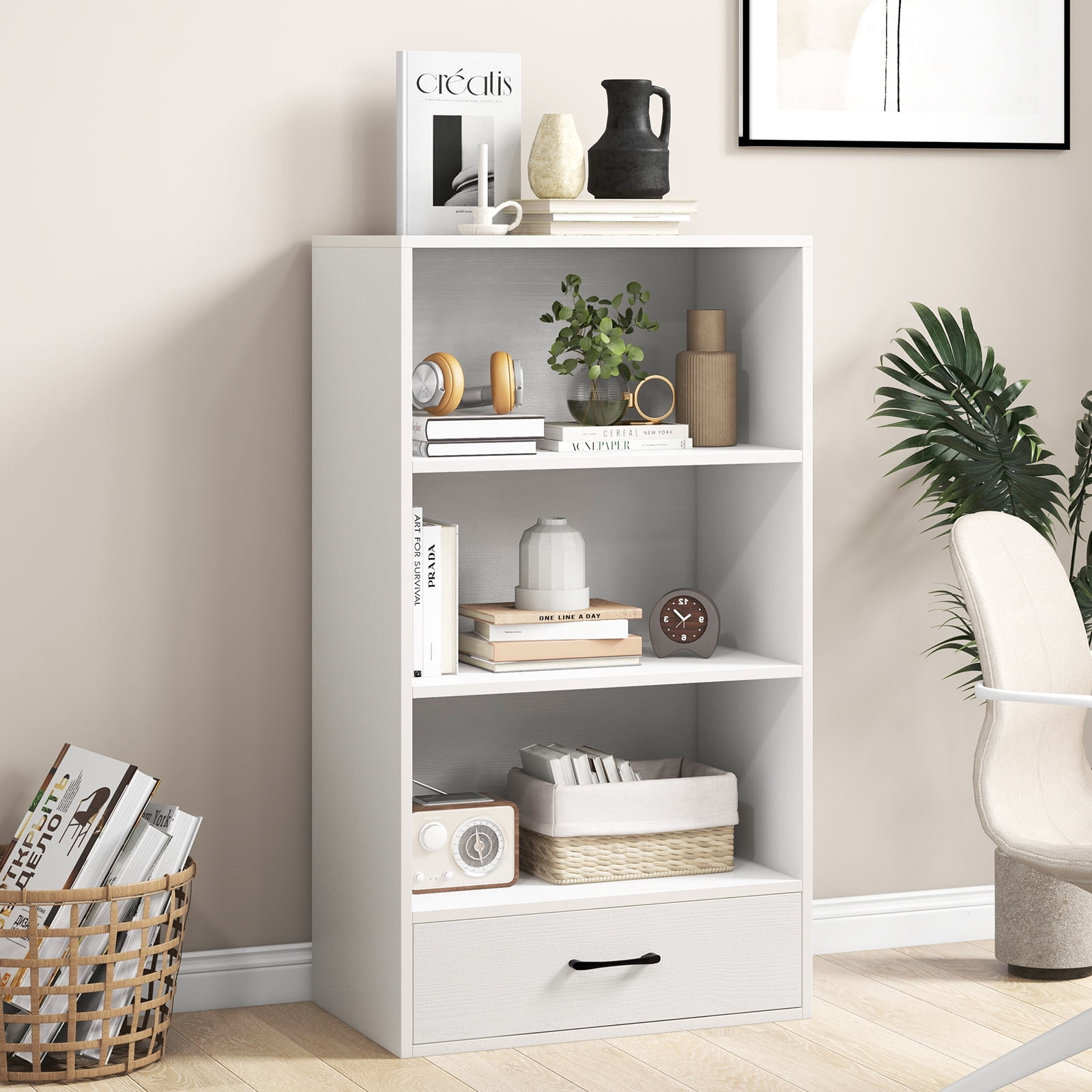 Giantex 4-Tier Bookcase w/Drawer, Freestanding Bookshelf, Modern ...