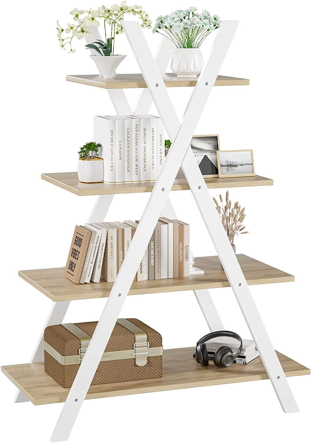 Giantex 4-Tier Bookshelf, 42.5" Tall A-Frame Wooden Ladder Shelf Plant ...