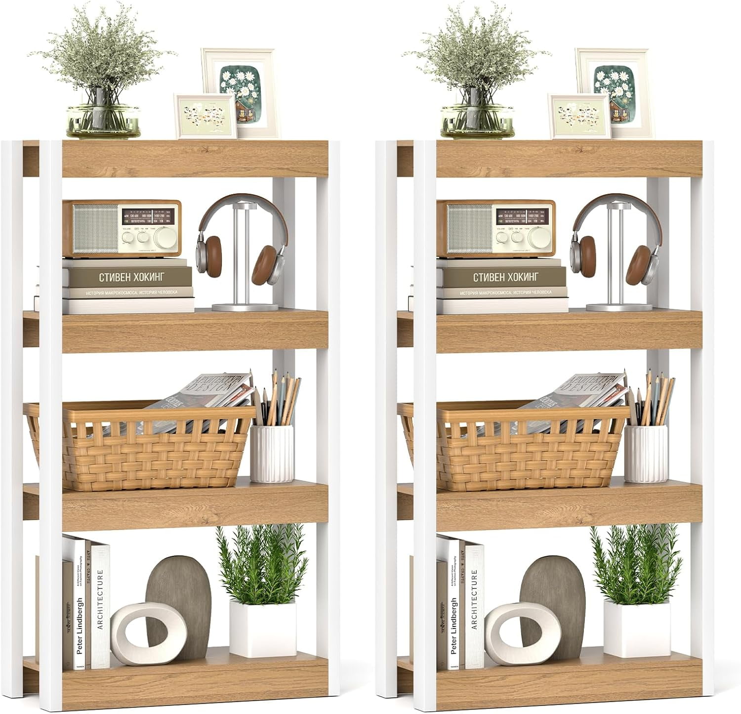 Giantex 4-Tier Bookshelf, Wooden Bookcase with Dual Anti-Tipping Kits ...