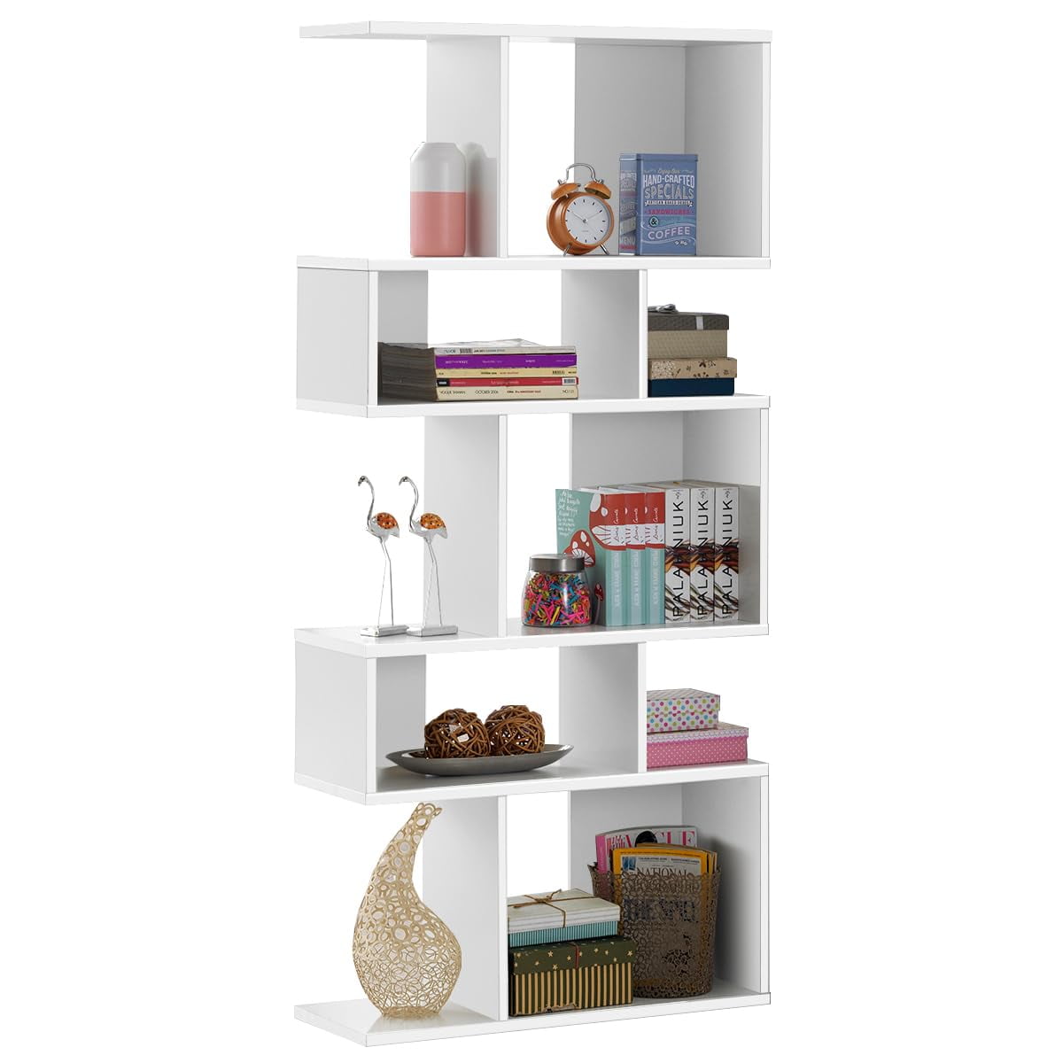 Giantex 5-Tier Geometric Bookshelf White, 70'' Tall Wood Freestanding ...