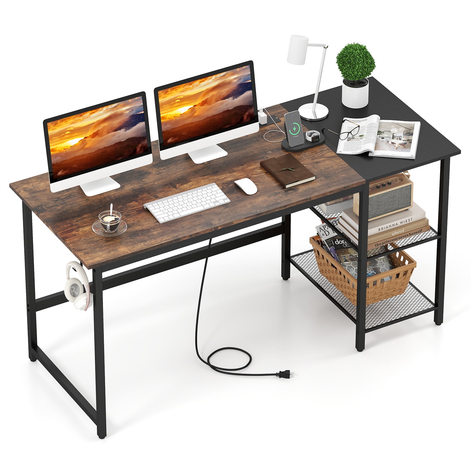 Giantex 59” Computer Desk w/Removable Storage Shelves & Charging ...