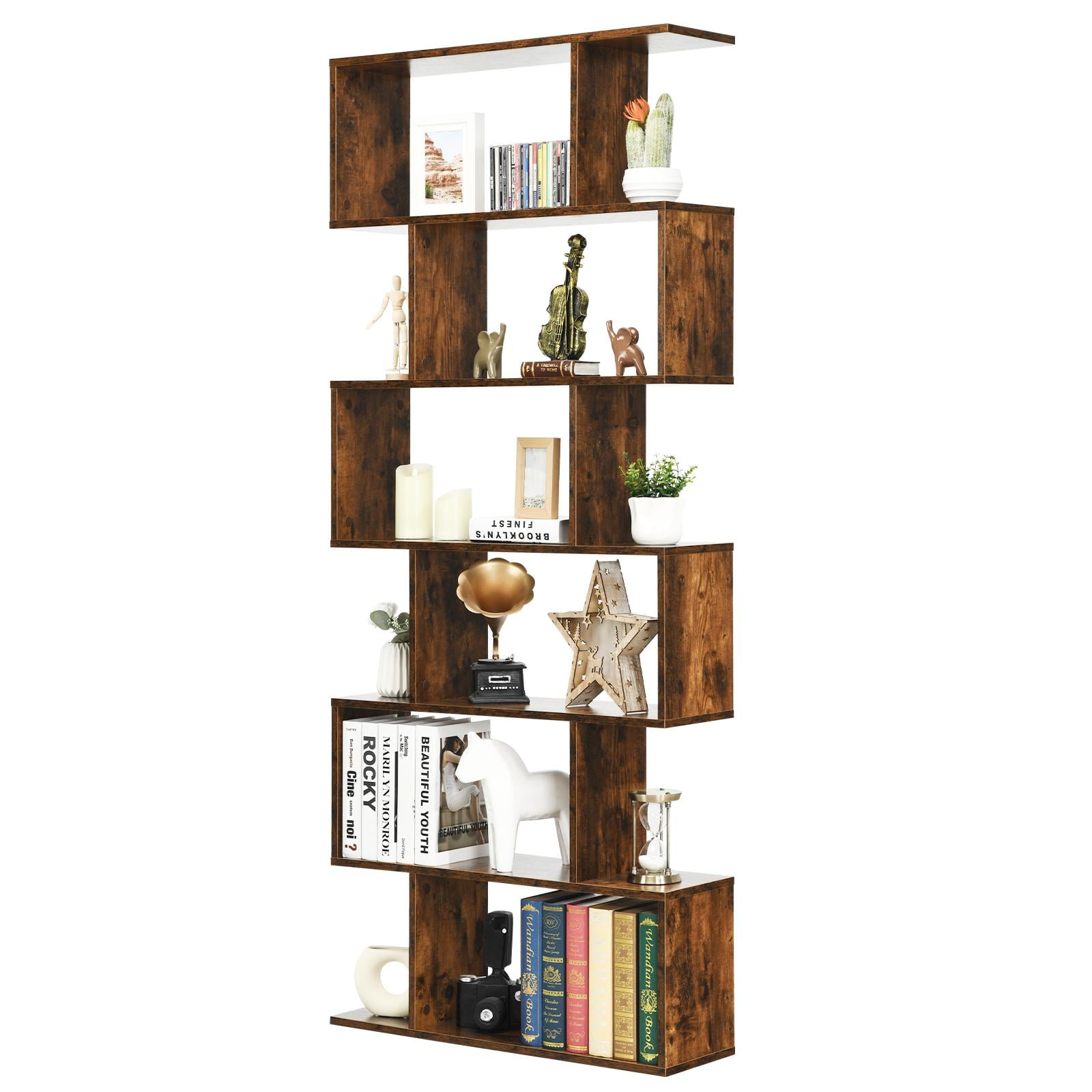 Giantex 6-Tier Bookshelf w/Open Shelves, S-Shaped Display Shelf, Wooden ...