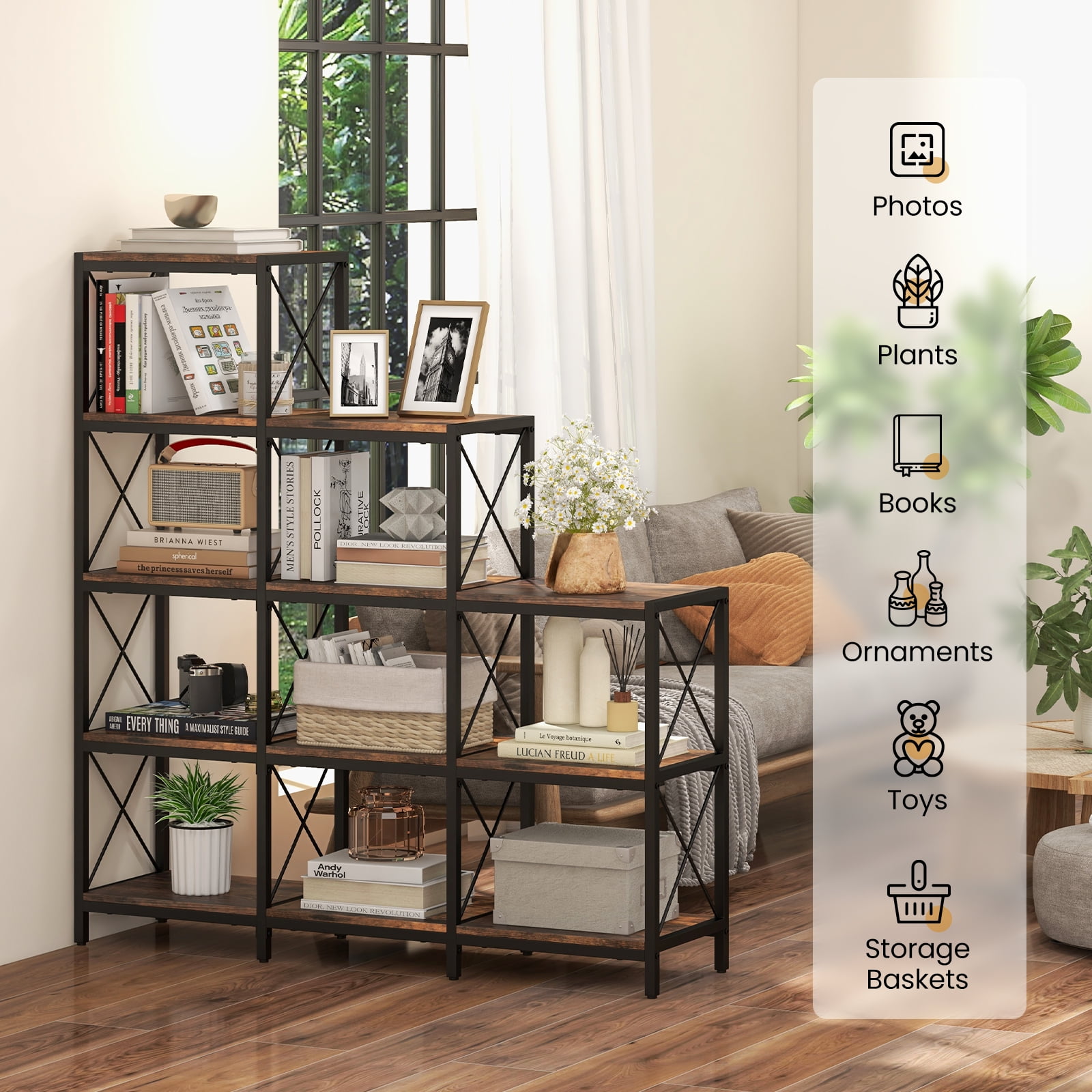 Giantex 9 Cubes Bookshelf, 5-Tier Stepped Bookcase w/Carbon Steel Frame ...