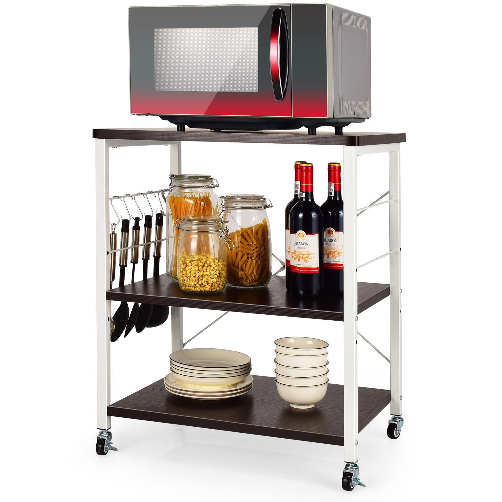 Giantex 3-Layer Bakers Rack, Mobile Kitchen Cart with Wheels and Hooks ...