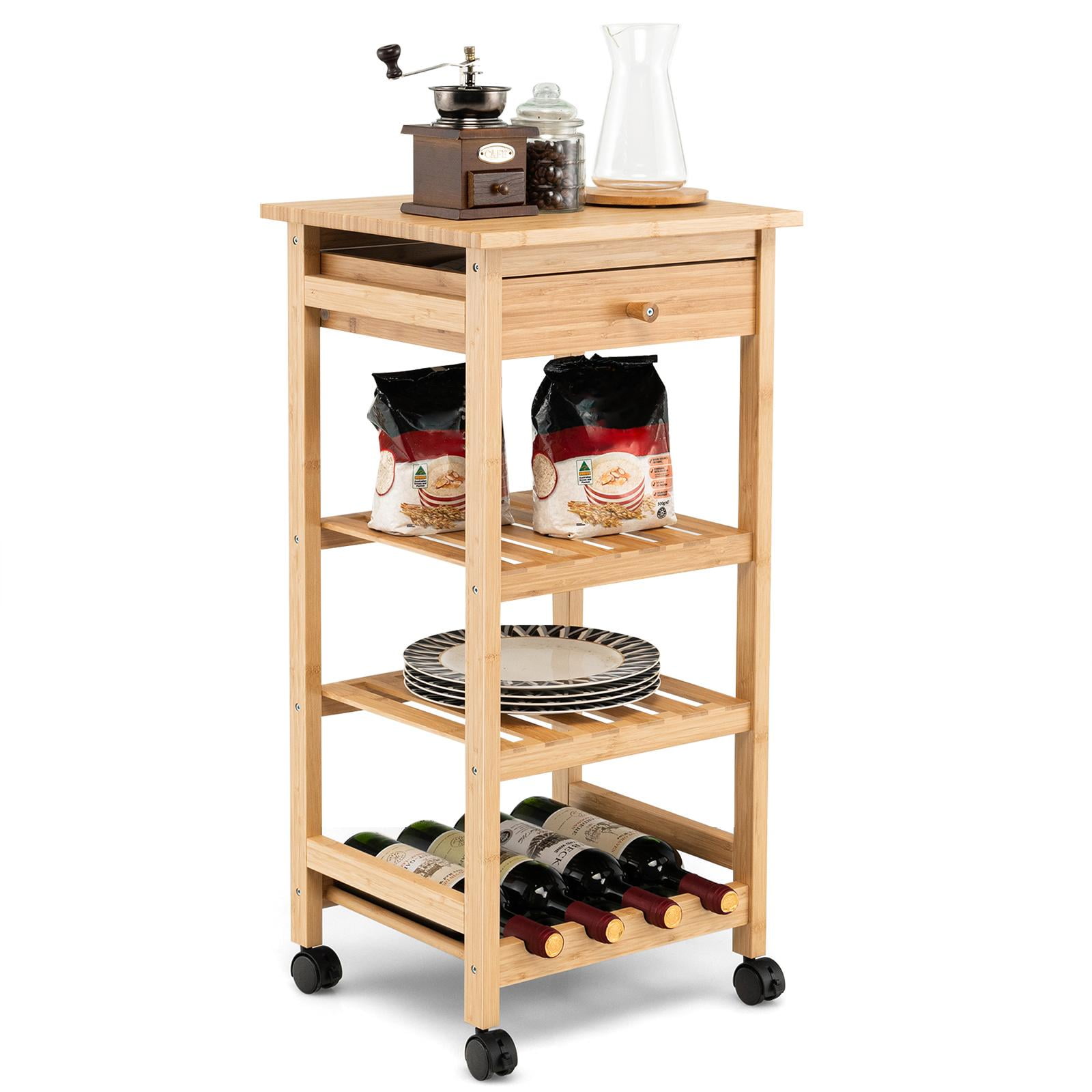 Giantex Bamboo Kitchen Trolley, 4-Tier Storage Utility Cart on Wheels w ...