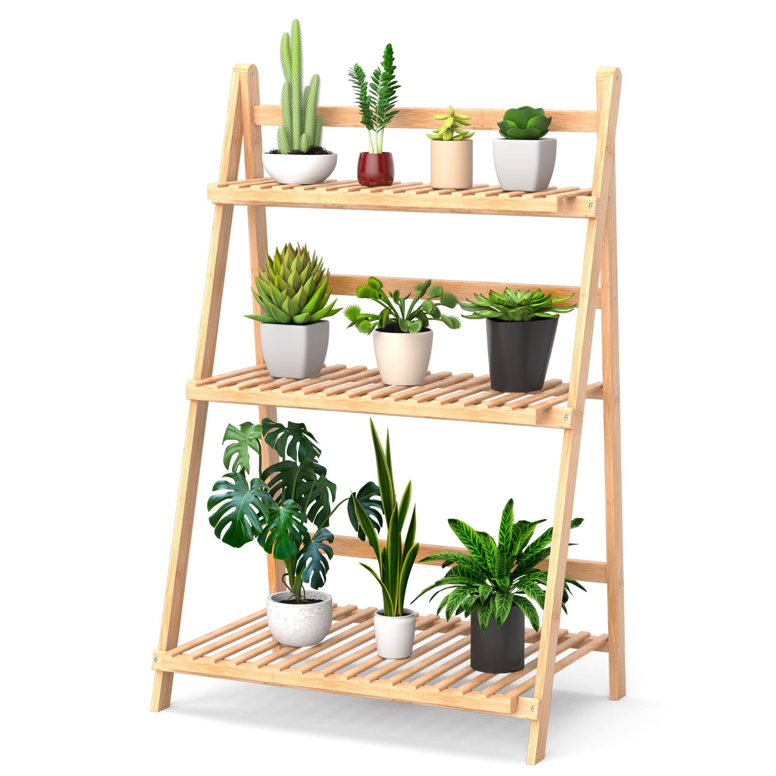 Giantex Bamboo Ladder Shelf, Foldable Multifunctional Plant Flower ...