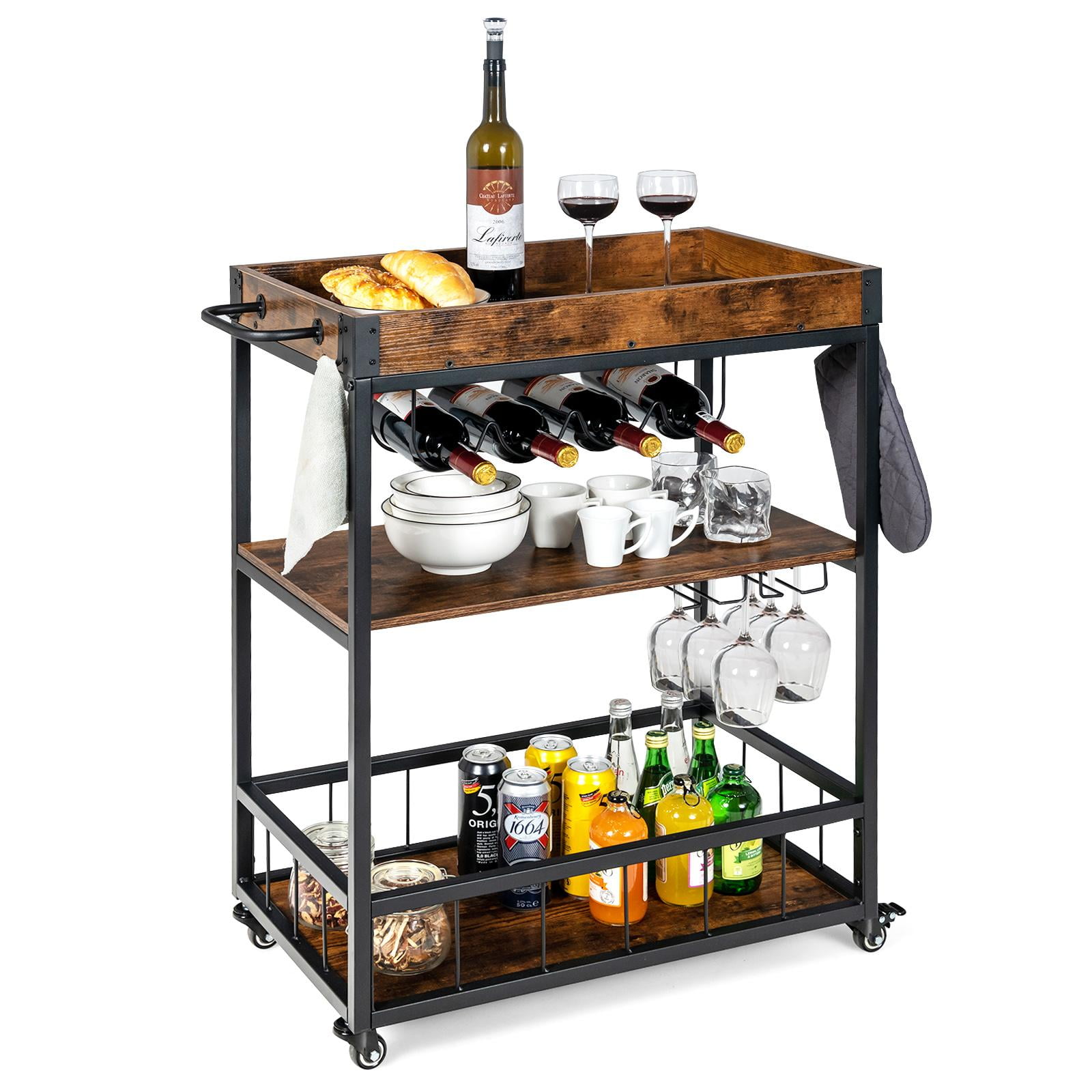 Giantex Bar Cart, Industrial Style Kitchen Rolling Cart w/Removable Top ...