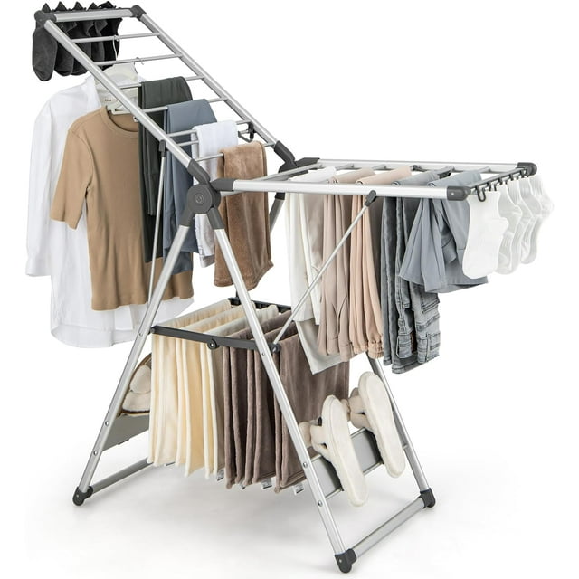 Giantex Clothes Drying Rack, 2-Layer Aluminum Foldable Laundry Drying ...