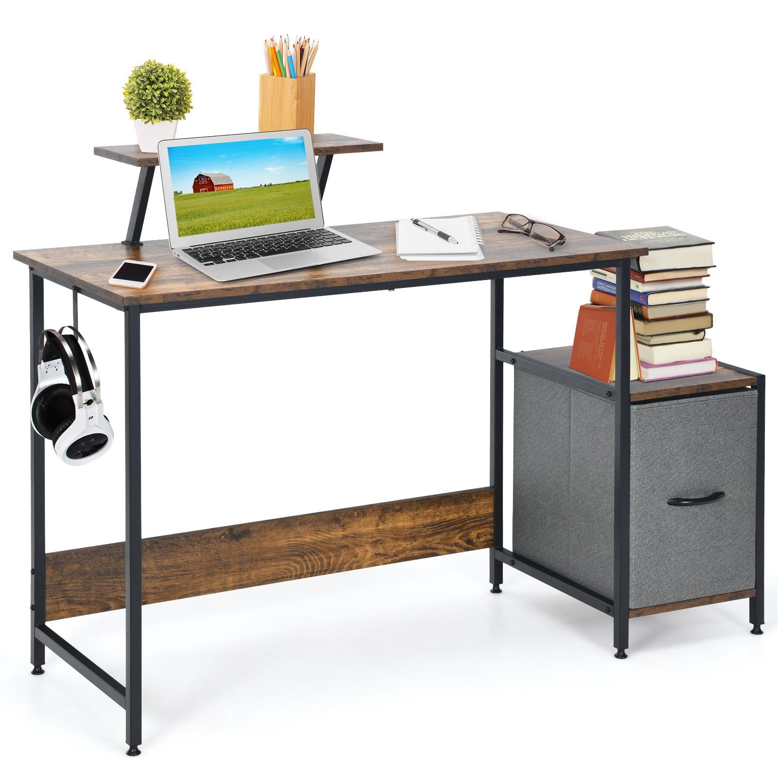 Giantex Computer Desk w/Reversible Fabric Drawer, Industrial Sturdy ...