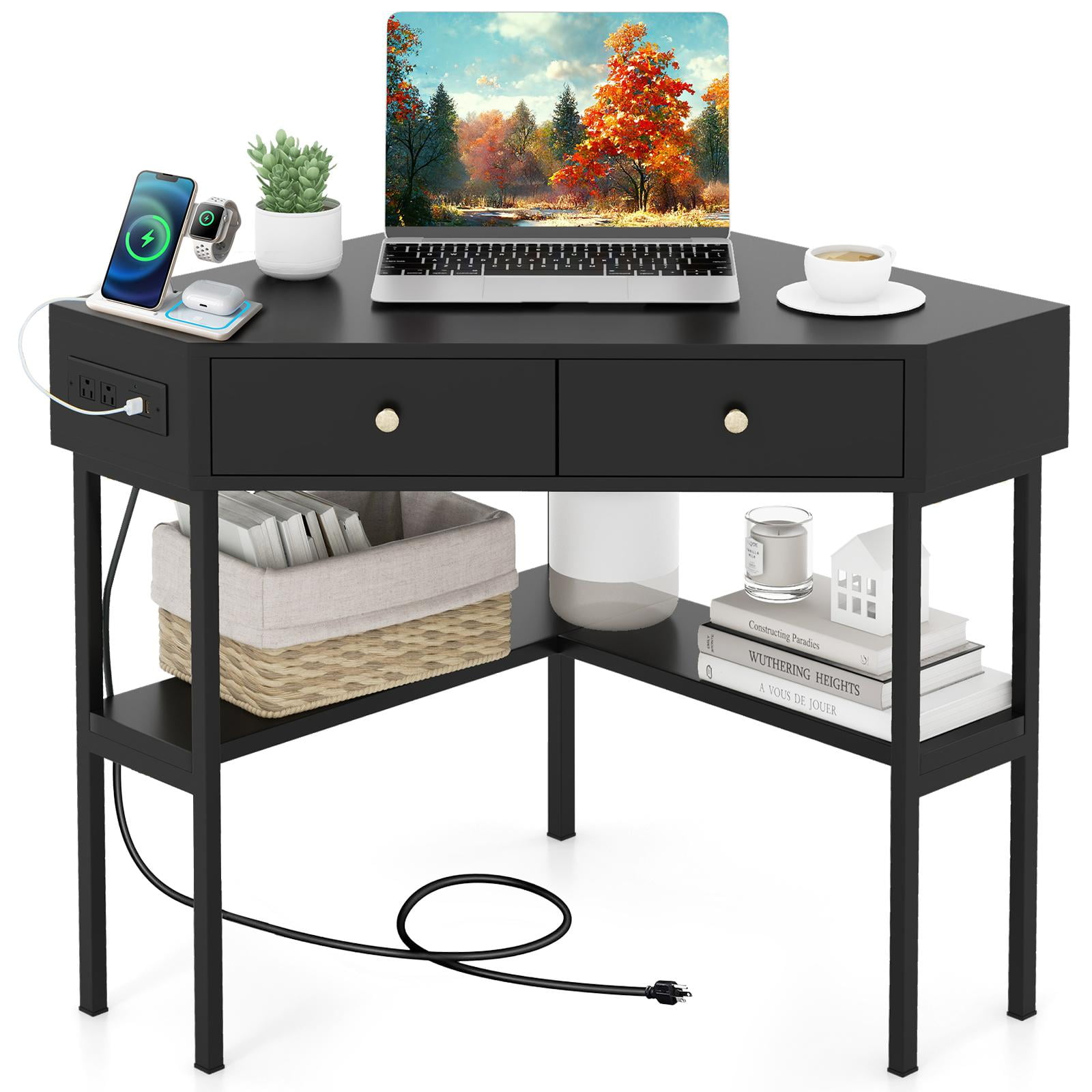 Giantex Corner Writing Desk, 90 Degrees Triangle Desk w/Storage Shelves ...