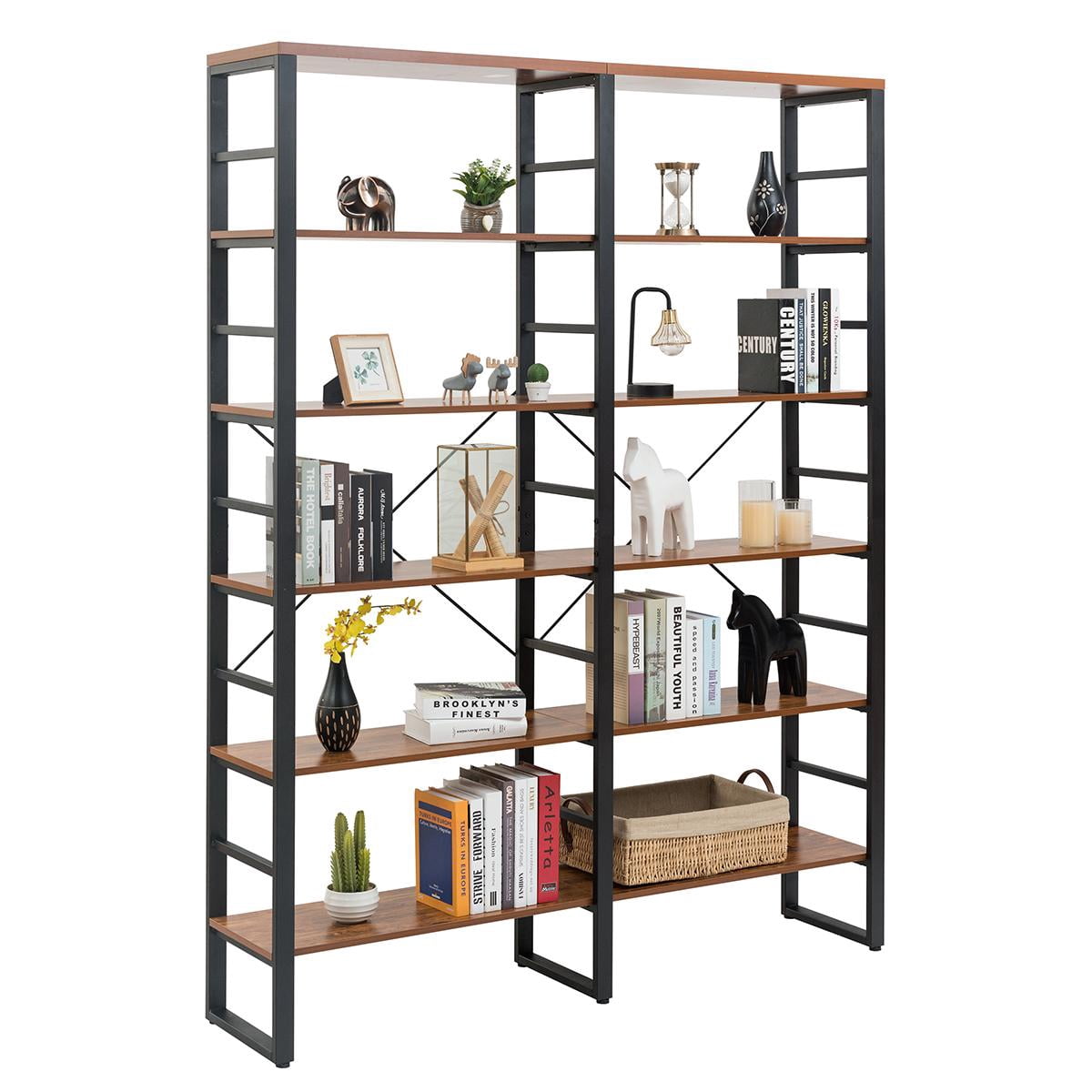 Giantex Double 6-Shelf Bookcase, Industrial Style Large Open Bookcases ...