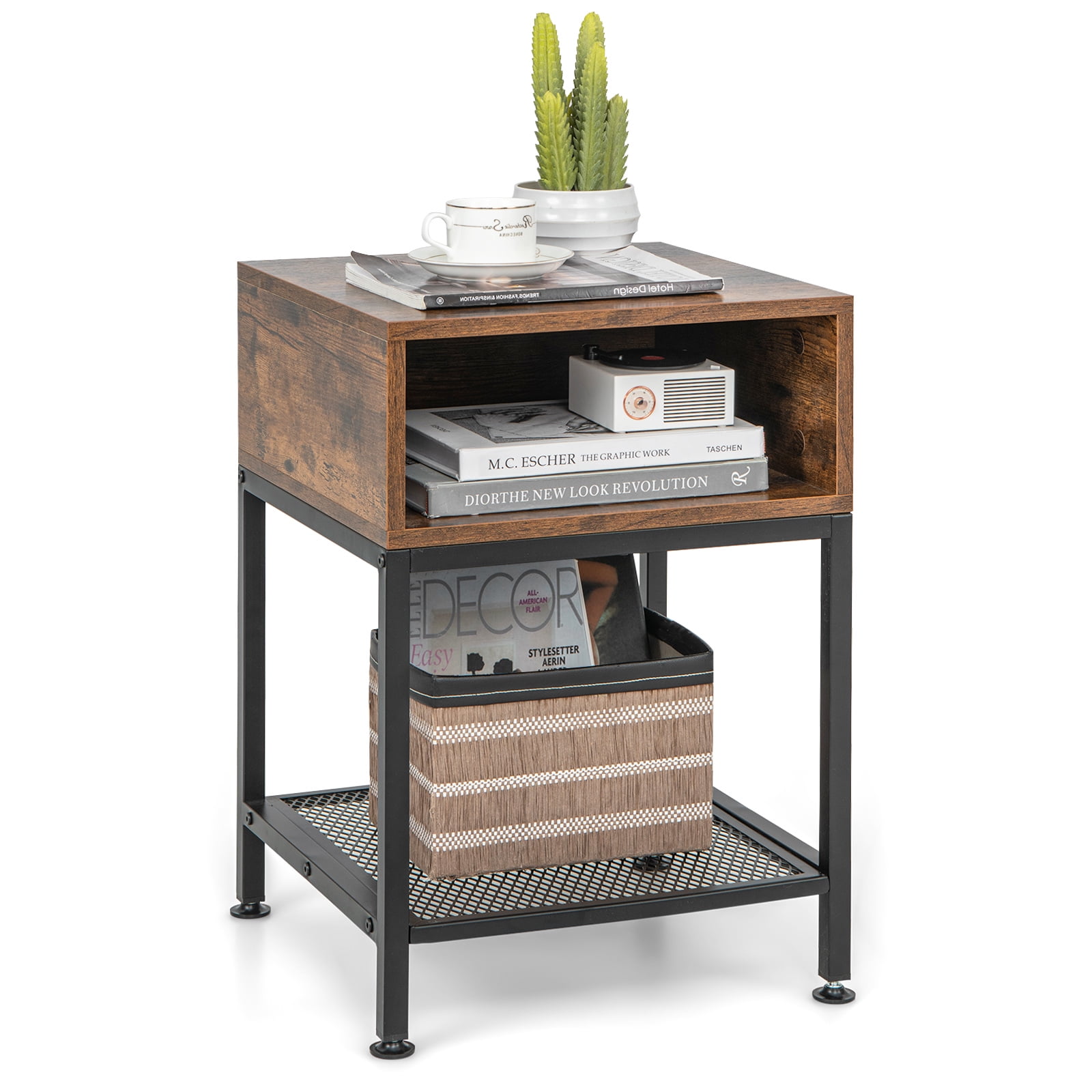 Giantex End Table, 2-tier Industrial Side Table with Mesh Storage Shelf ...