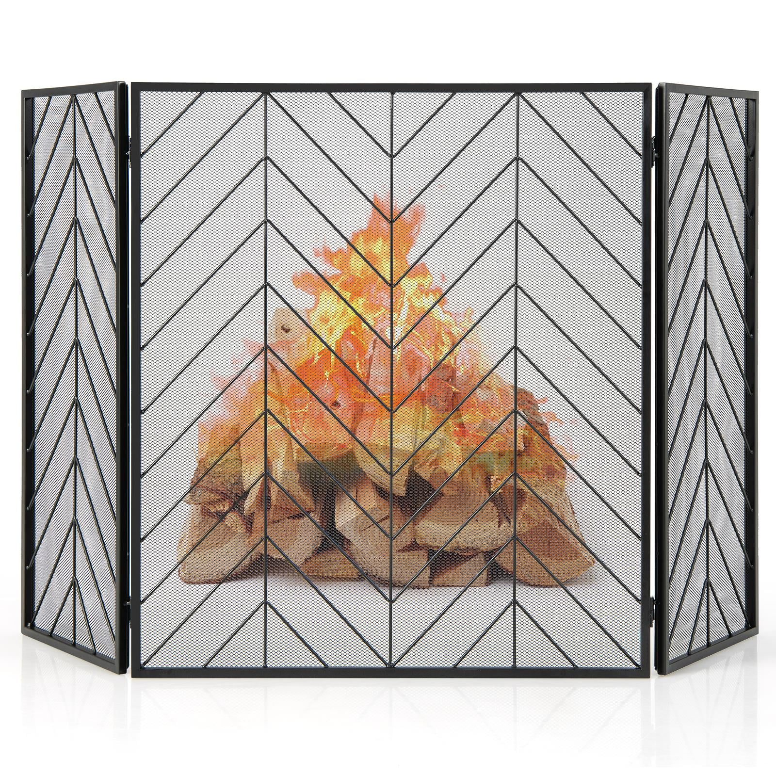 Giantex Fireplace Screen, 3-Panel Foldable Wrought Iron Fireplace ...