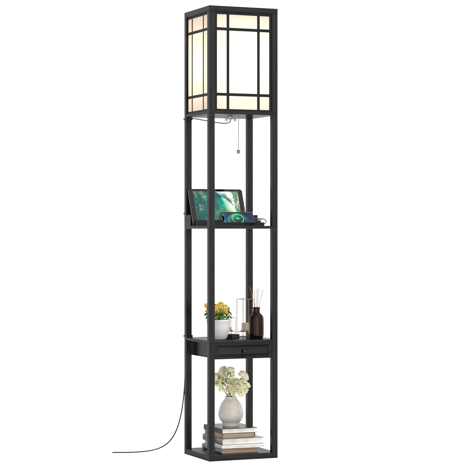 Giantex Floor Lamp w/Shelves & Drawer, Shelf Standing Light w/USB Ports ...