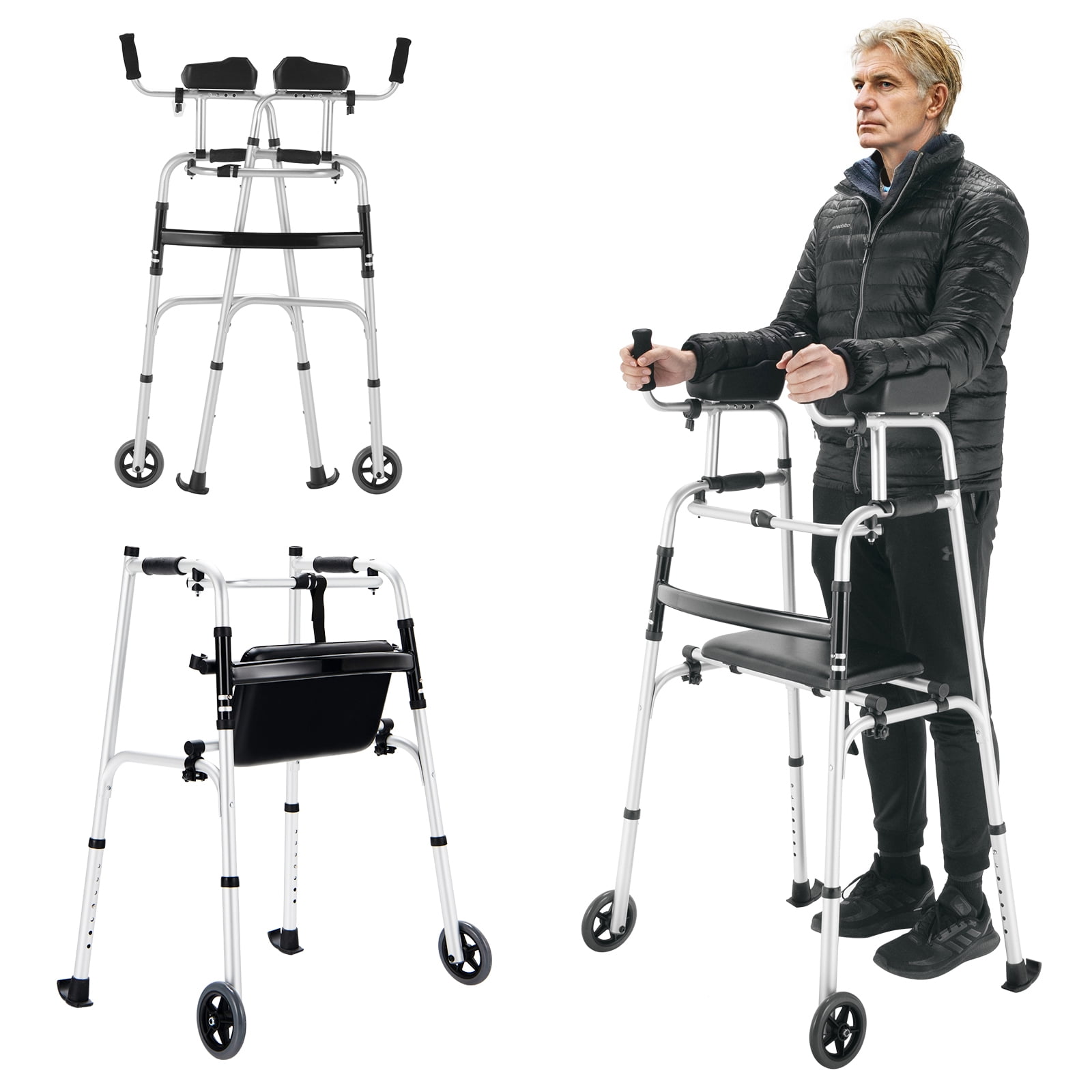 Giantex Folding Walkers for Seniors, Upright Walker w/Seat, Adjustable ...