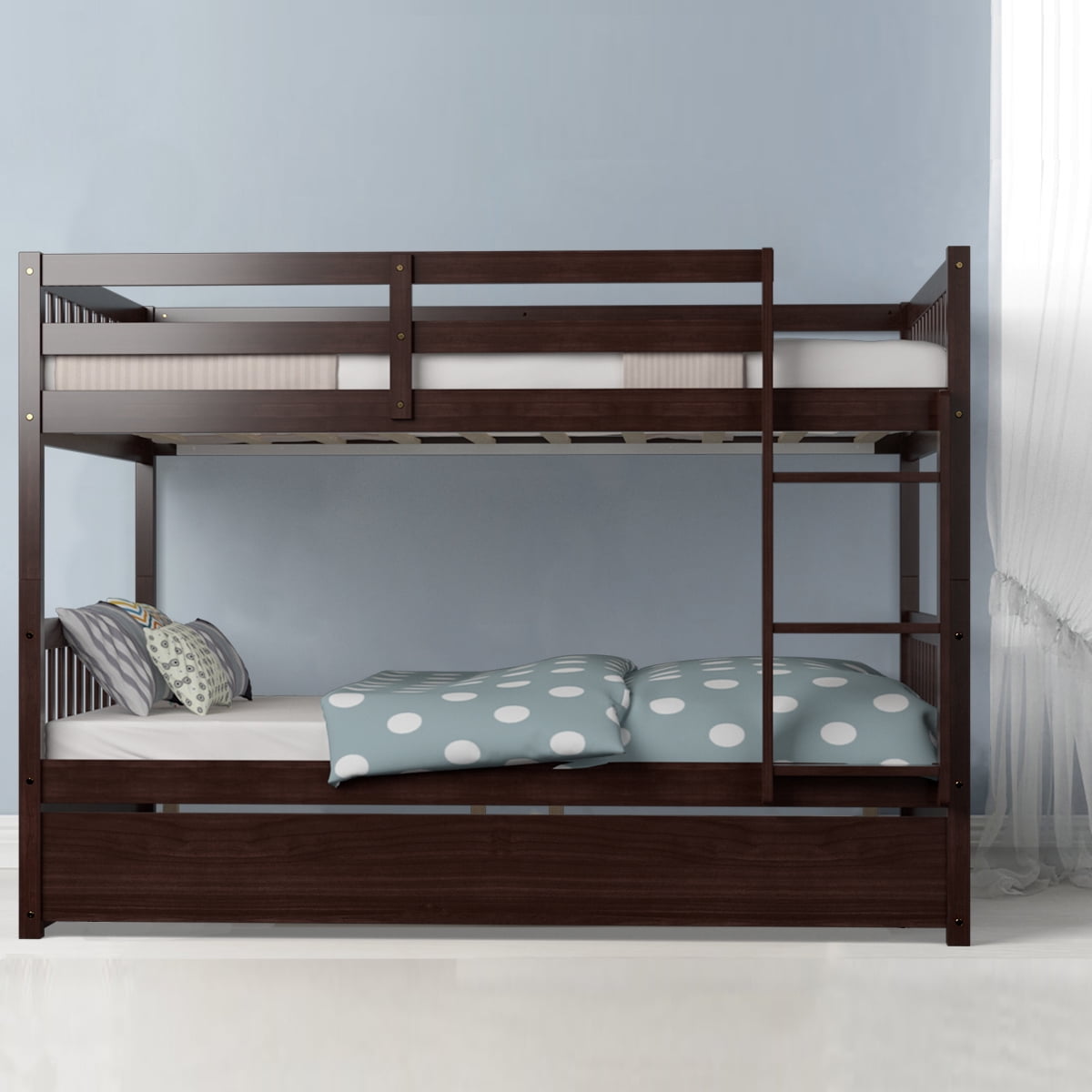 Giantex Full over Full Bunk Bed Platform Wood Bed Trundle & Ladder Rail ...