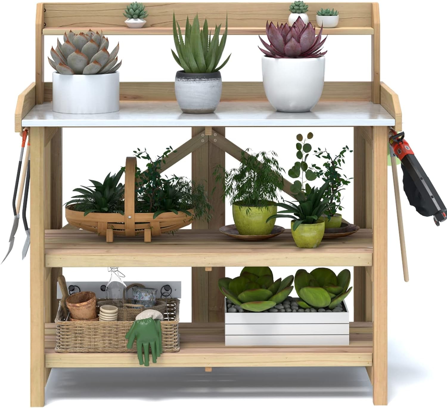 Giantex Garden Potting Bench, Galvanized Steel Top, 6 Hooks, 2 Tier ...