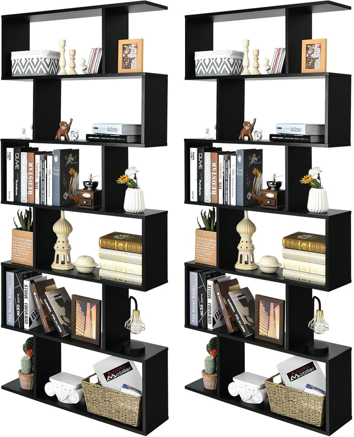 Giantex Geometric Bookcase Set of 2, S-Shaped Wooden Bookshelf, 6-Tier ...