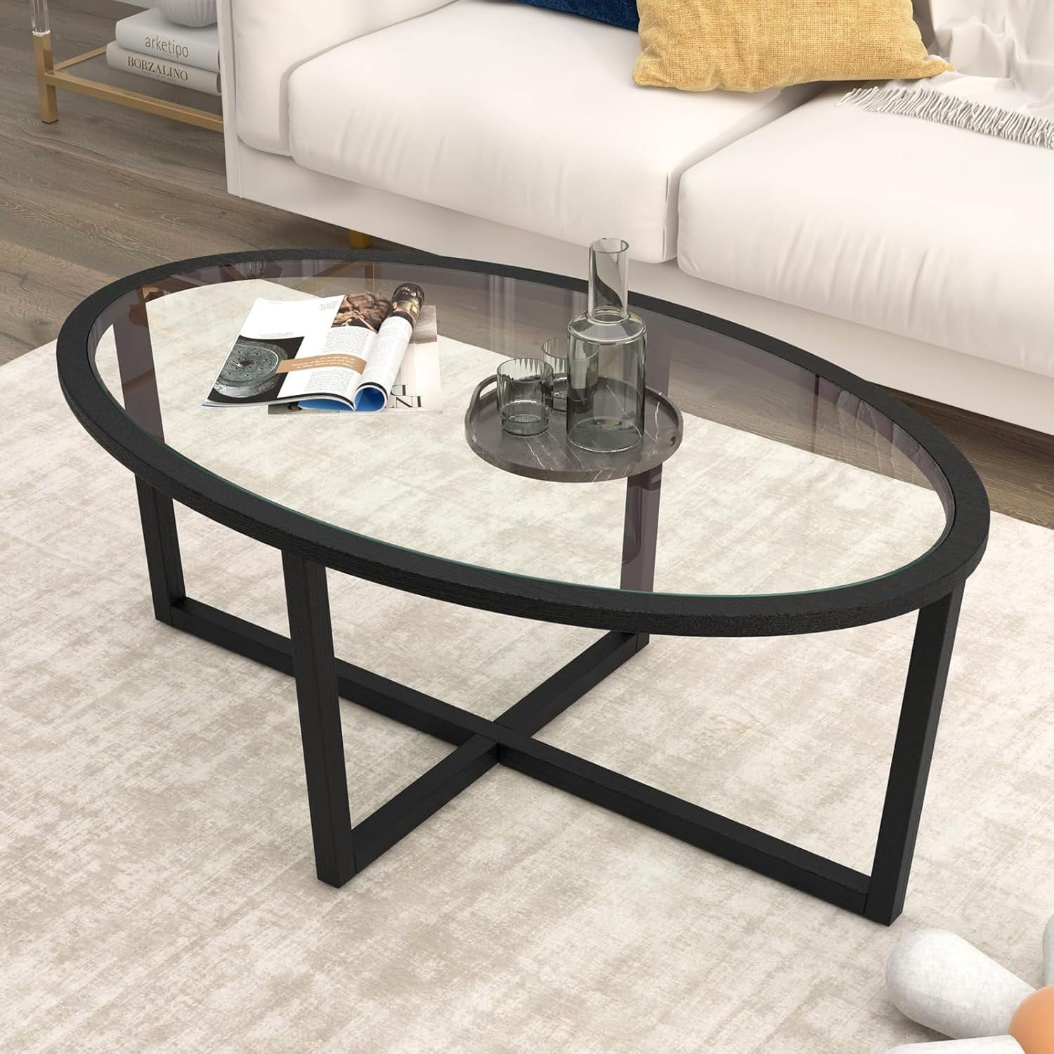 Giantex Glass Coffee Table, 46.5" Oval Accent Sofa Tea Table with ...
