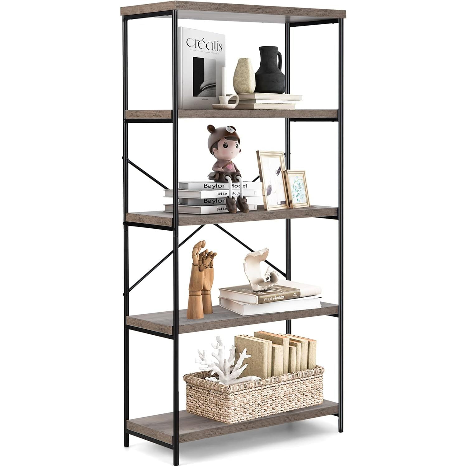 Giantex Industrial 5-Tier Wood Bookshelf - 63’’ Tall Open Storage ...