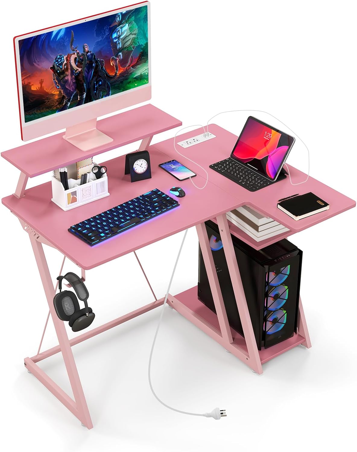 Giantex L Shaped Gaming Desk with Outlets & USB Ports, Small Computer ...