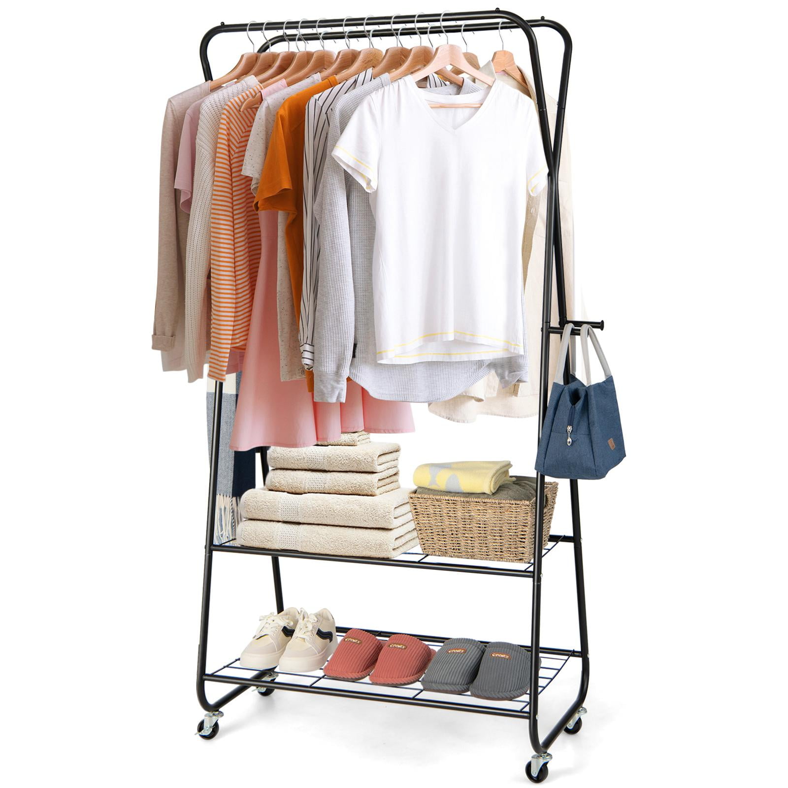 Giantex Metal Rolling Garment Rack, Clothing Rack w/Double Hanging Rods ...