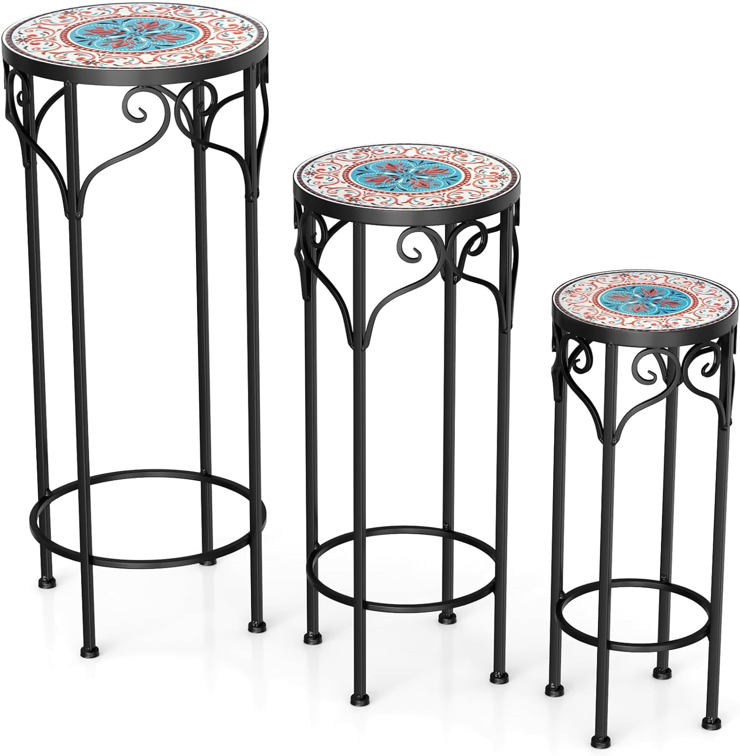 Giantex Metal Stand Set of 3, 28" Mosaic Tall Flower Stand with Ceramic ...