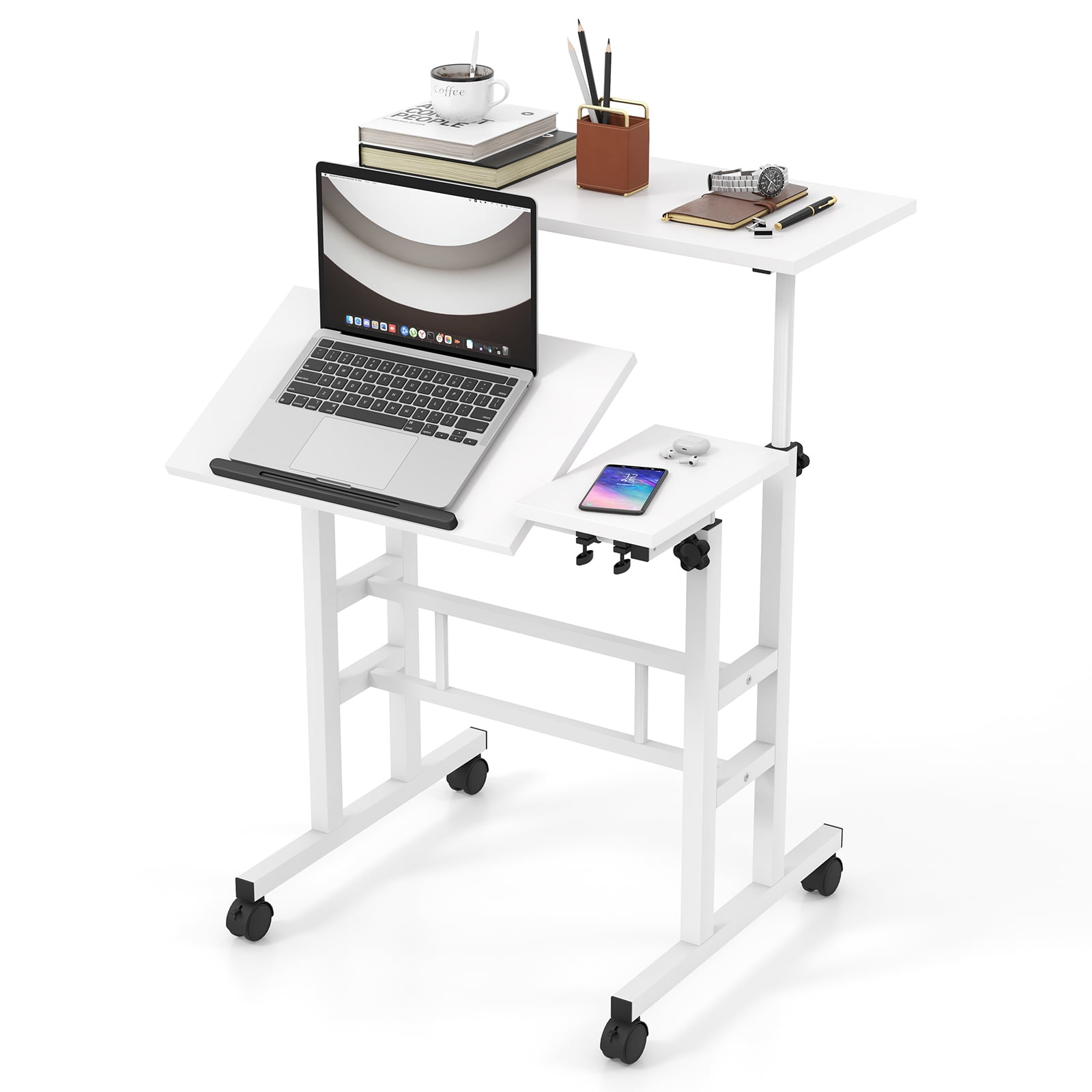 Giantex Mobile Stand up Computer Desk, Rolling Standing Laptop Cart w/2 ...