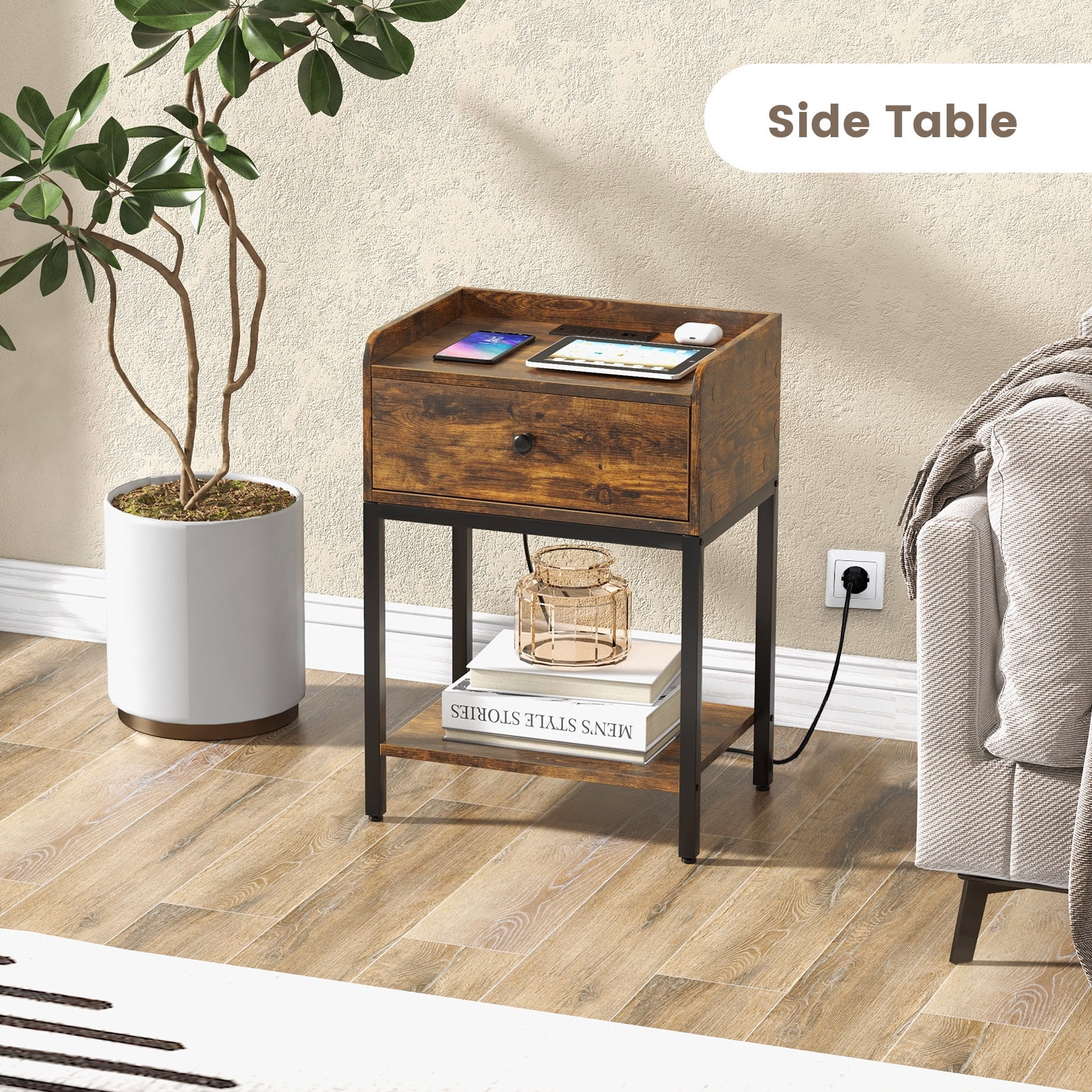 Giantex Narrow Bedside Table, Nightstand w/Charging Station, Side End ...
