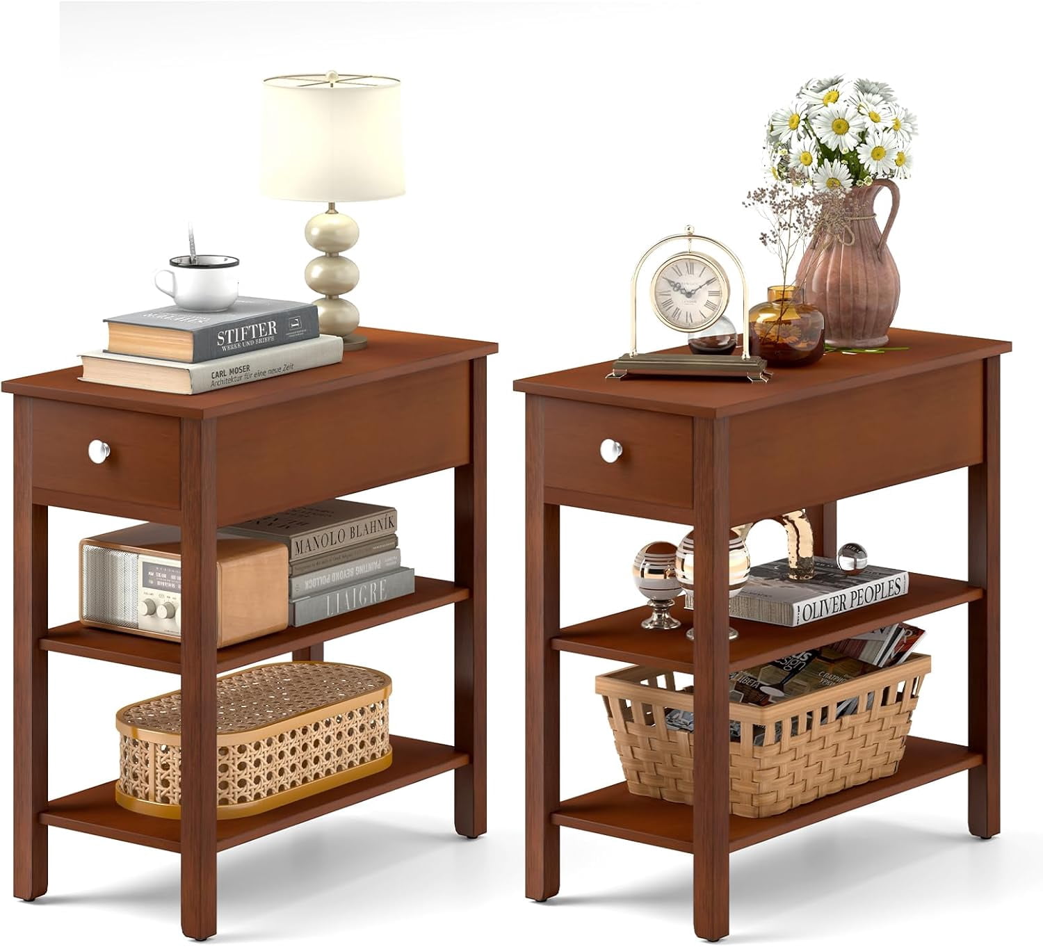 Giantex Narrow End Table Set of 2, Farmhouse Side Tables with Drawer ...