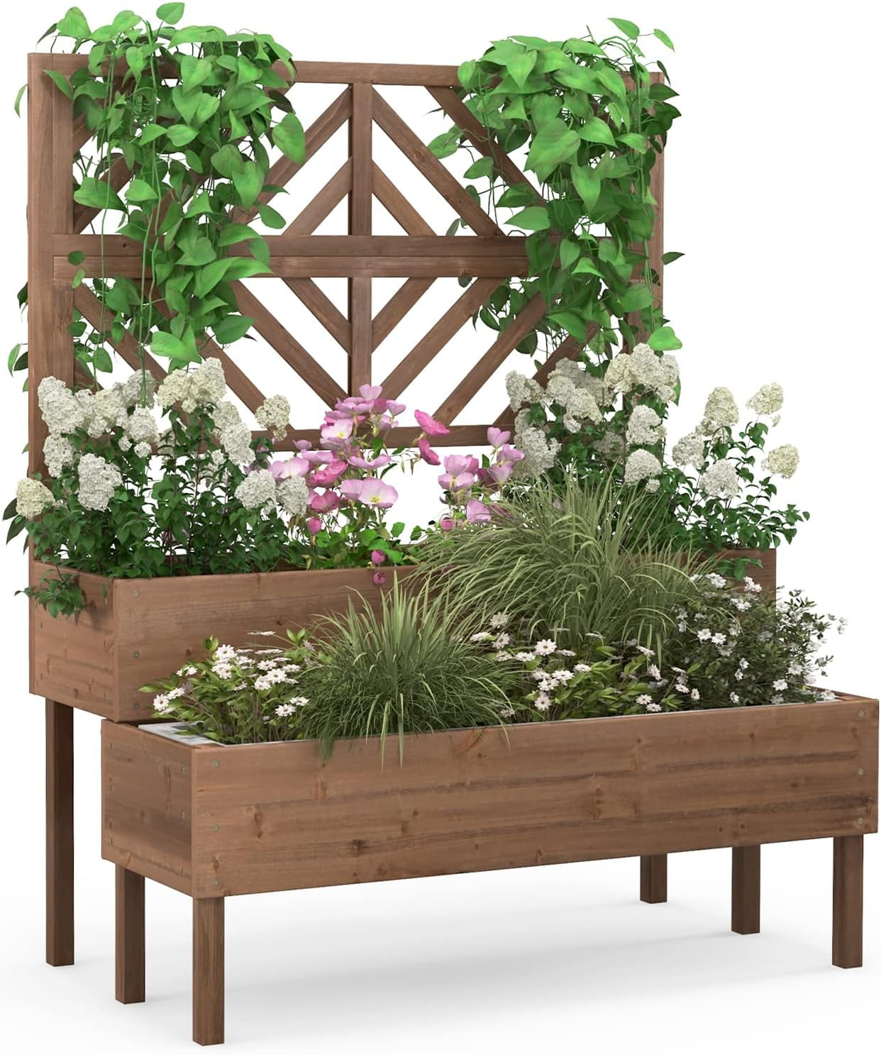 Giantex Raised Garden Bed with Trellis, 2-Tier Wooden Planter Box with Legs and Drain Holes ...