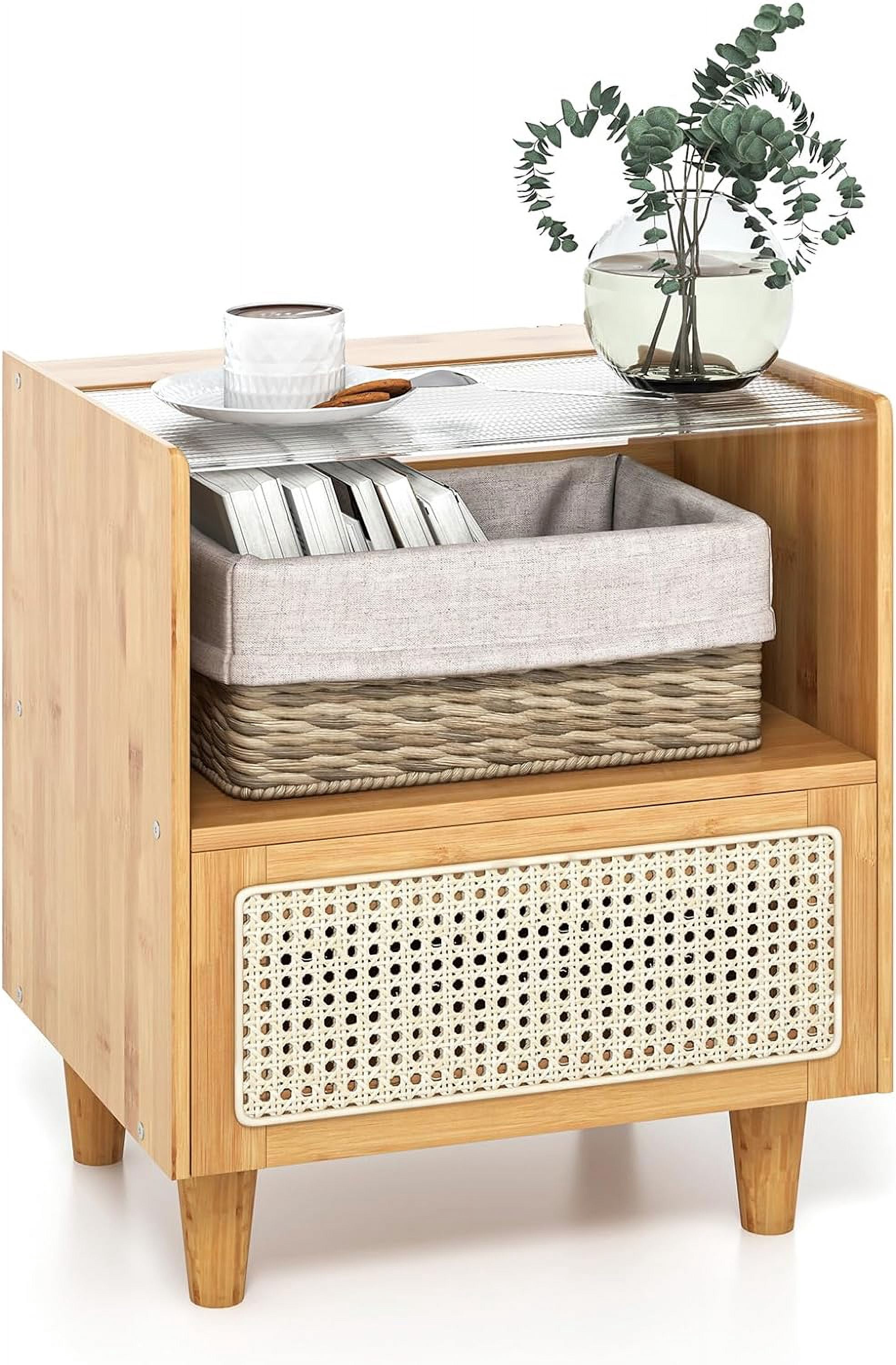 Giantex Rattan Nightstand with Drawer, Boho Bamboo Bedside Table with ...