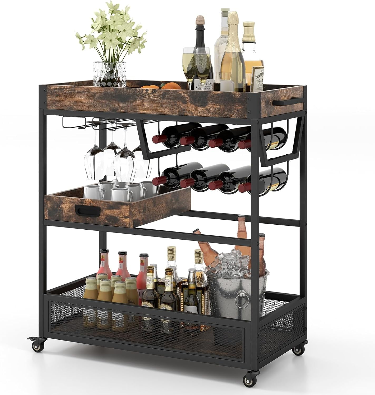 Giantex Rolling Bar Cart, 3-Tier Industrial Buffet Serving Cart with ...