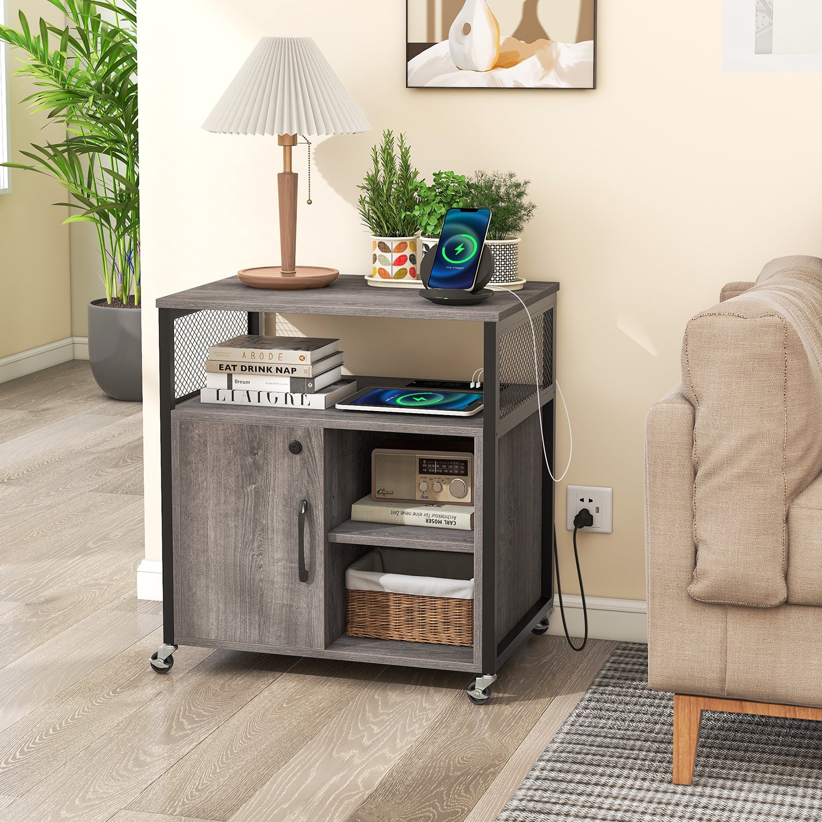 Giantex Rolling File Cabinet w/Charging Station, Mobile Lateral Filing ...