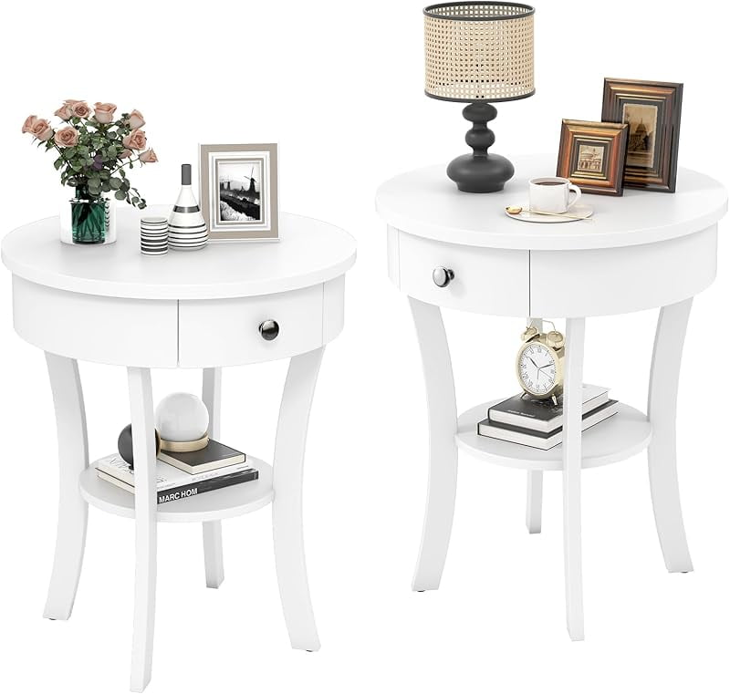 Giantex Round End Table with Drawer, 2-Tier Wood Side Table w/Open ...
