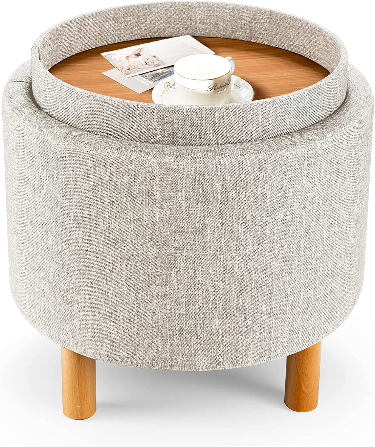 Giantex Round Storage Ottoman with Tray, Accent Storage Footstool w/Soft Padding, Fabric Sitting ...