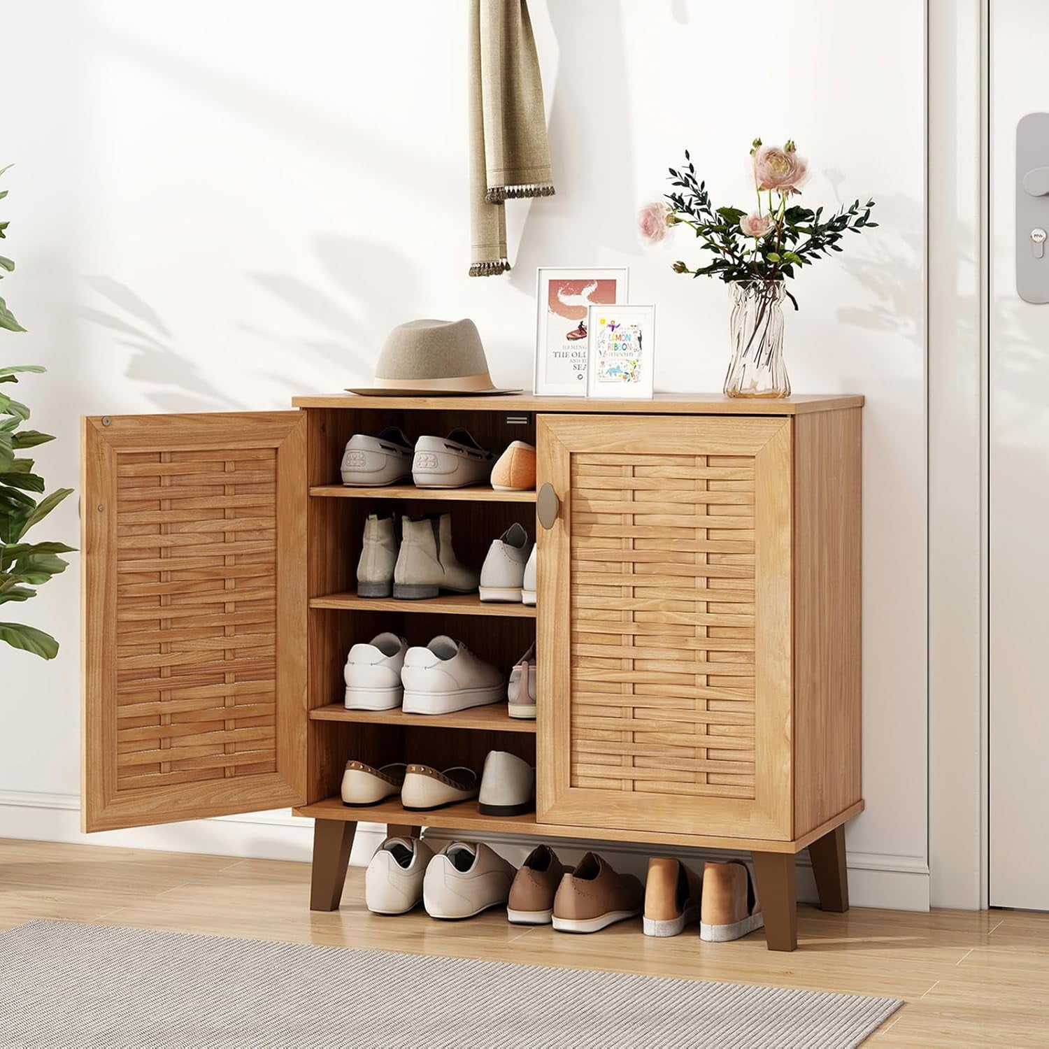 Giantex Shoe Cabinet with Doors, 4-Tier Farmhouse Shoe Rack Cabinet ...